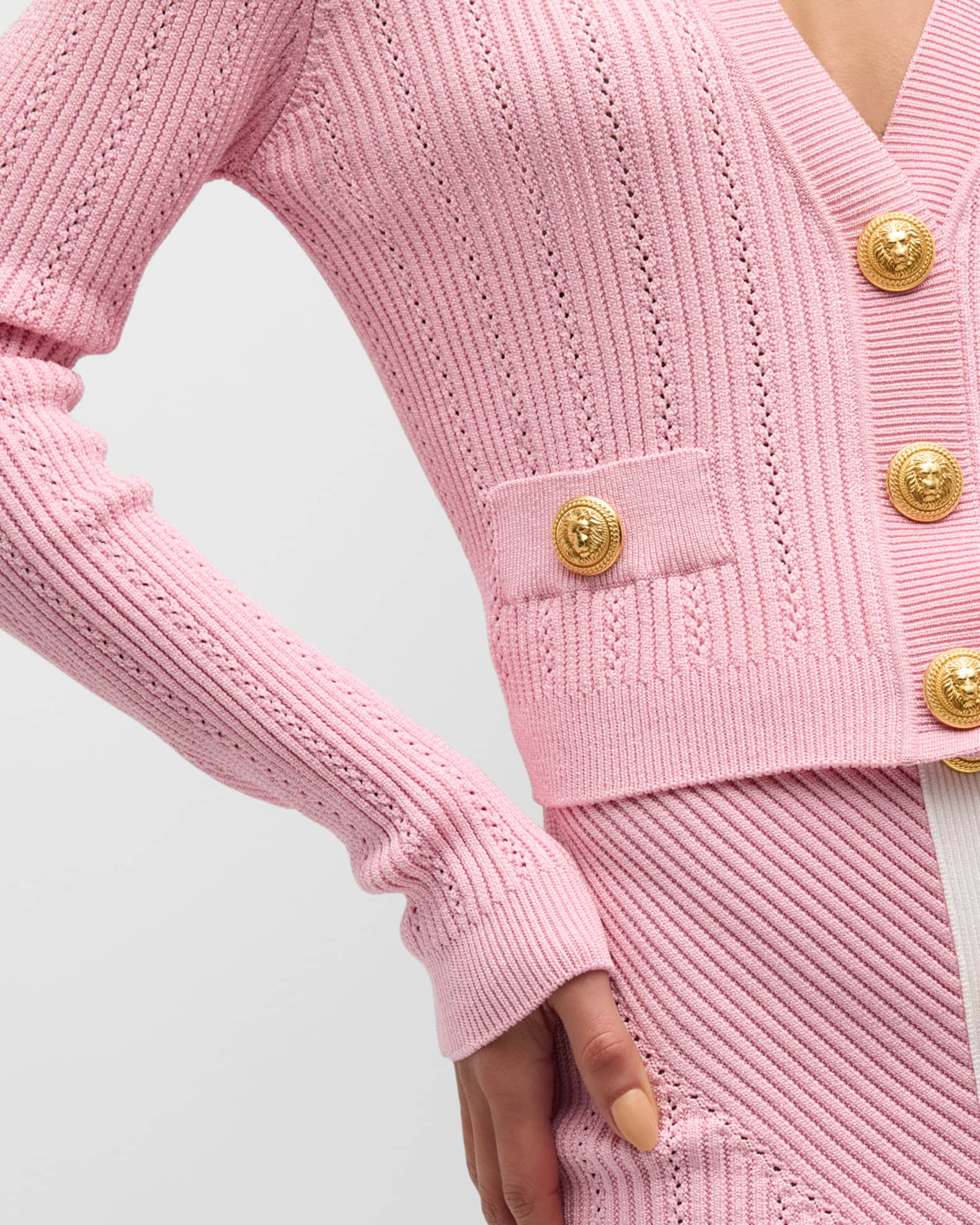 Balmain Buttoned Pointelle Rib Knit Crop Cardigan | Neiman Marcus