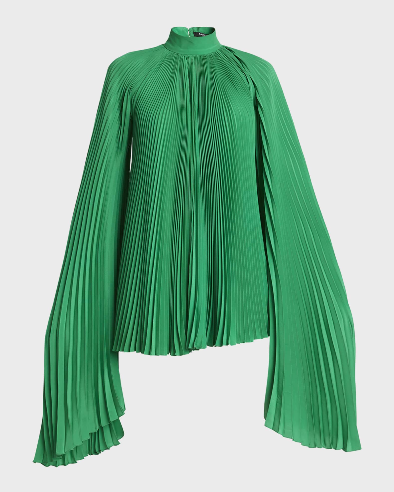 Balmain Turtleneck Flare-Sleeve Pleated Crepe Top | Neiman Marcus