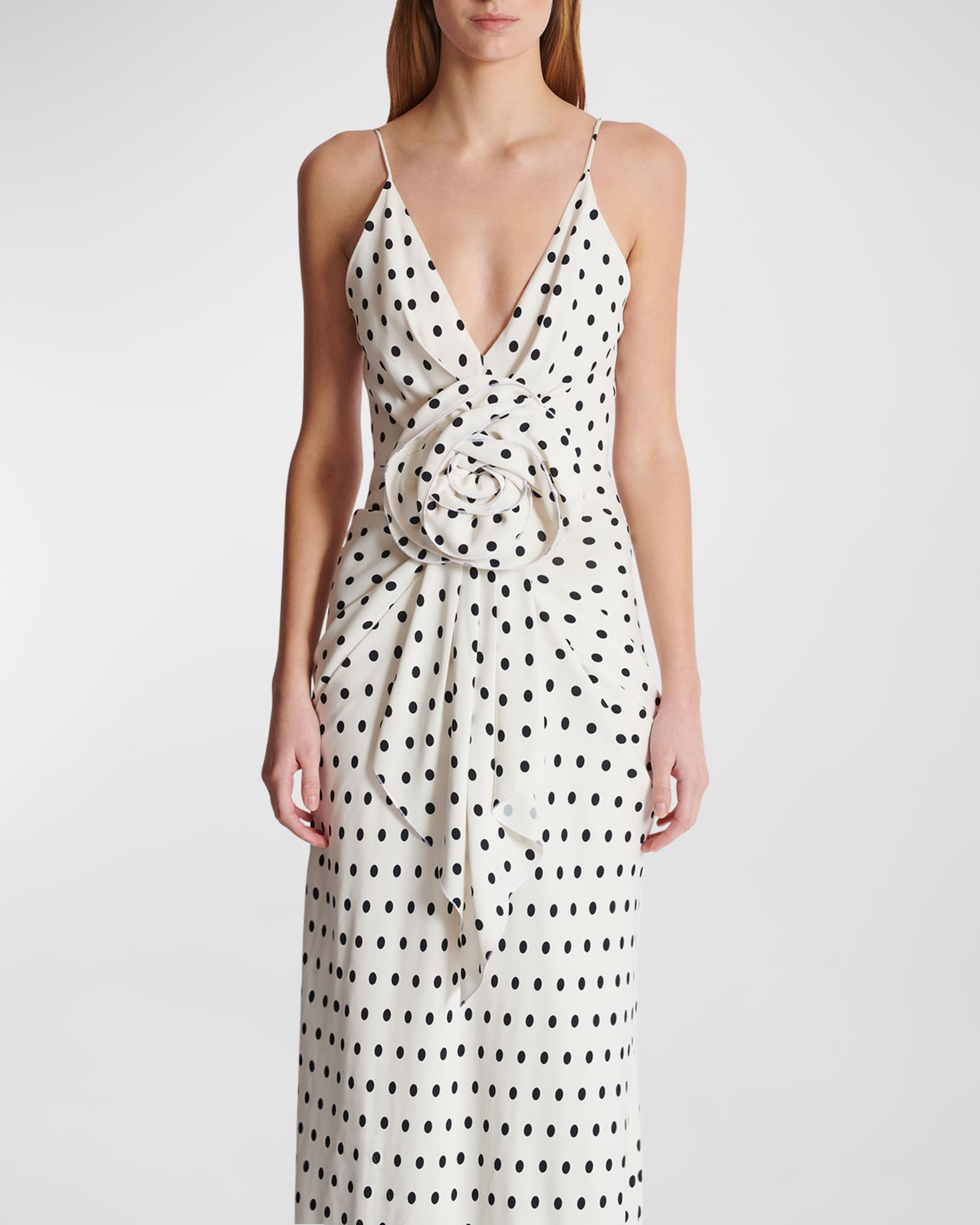 Balmain Plunging Rose Polka-Dot Sleeveless Gown | Neiman Marcus