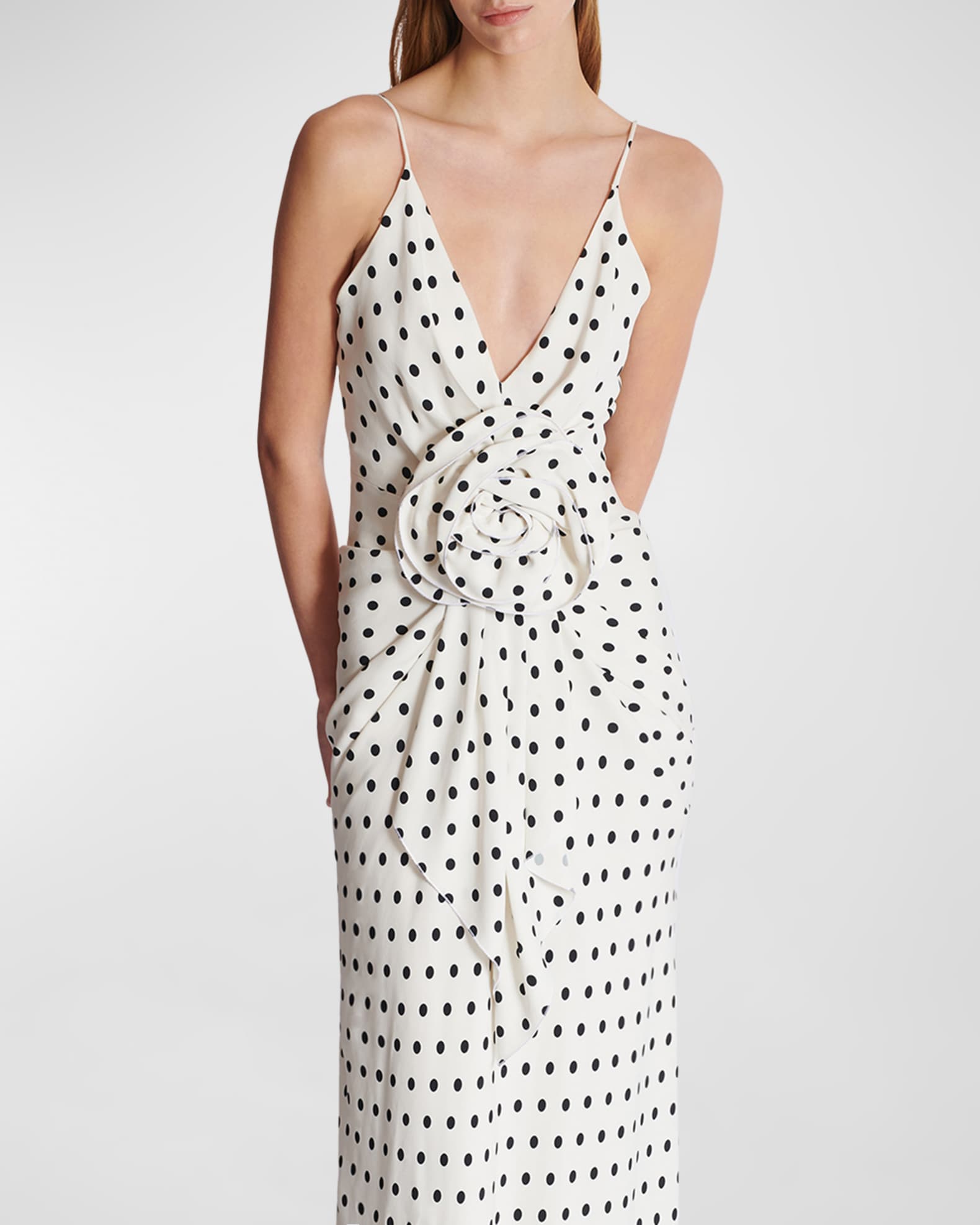 Balmain Plunging Rose Polka-Dot Sleeveless Gown | Neiman Marcus