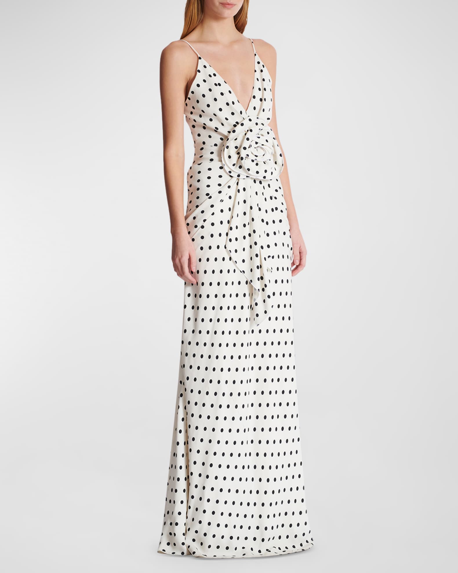 Balmain Plunging Rose Polka-Dot Sleeveless Gown | Neiman Marcus
