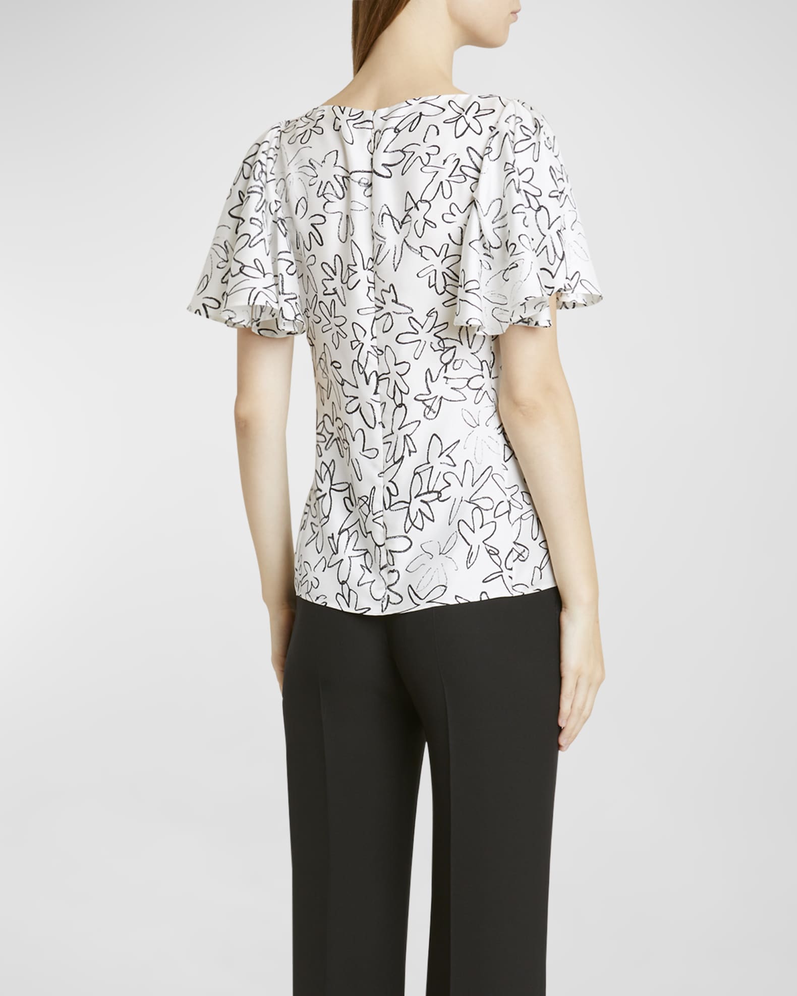 Chloe Doodle Floral Flutter-Sleeve Silk Top | Neiman Marcus