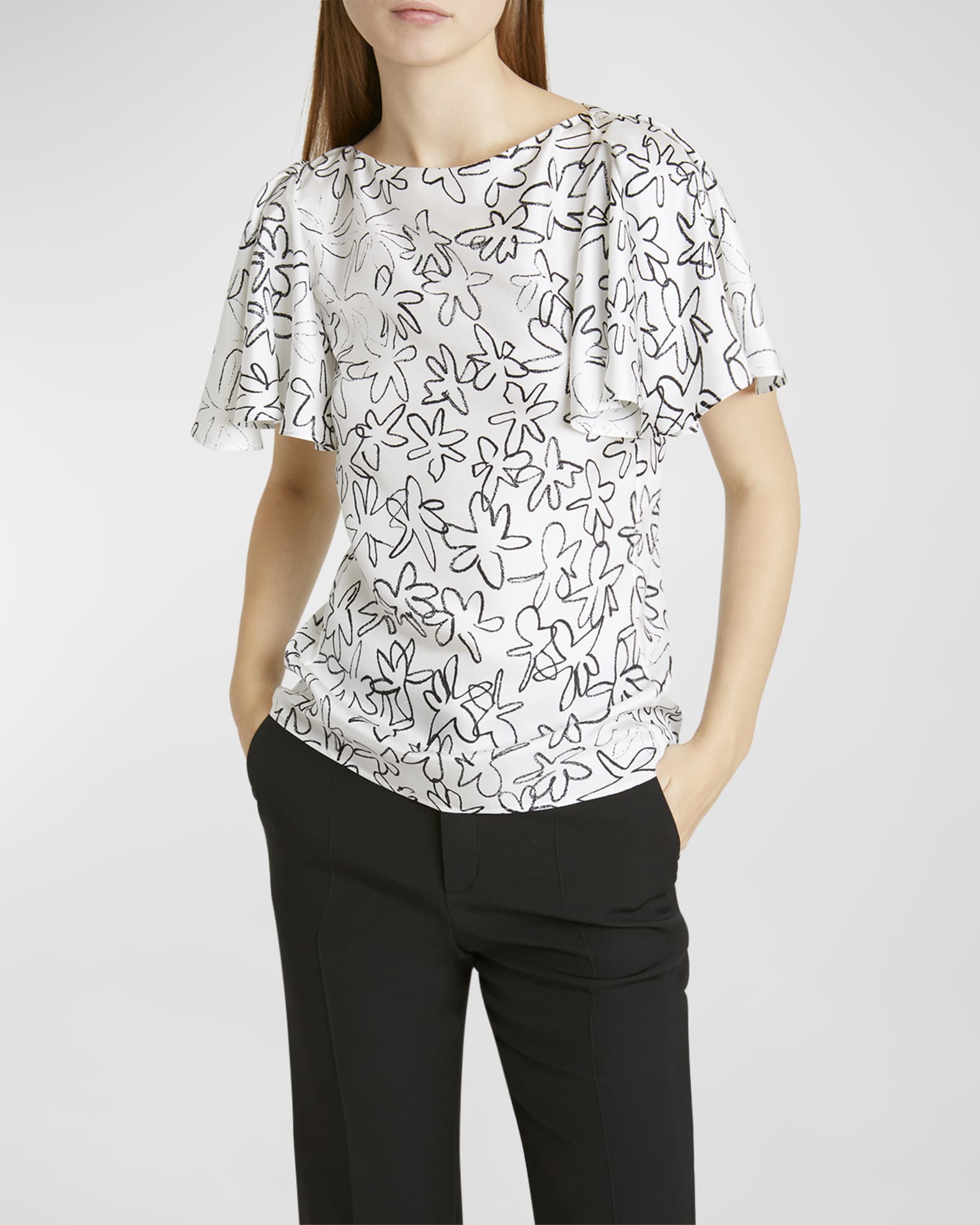 Chloe Doodle Floral Flutter-Sleeve Silk Top | Neiman Marcus
