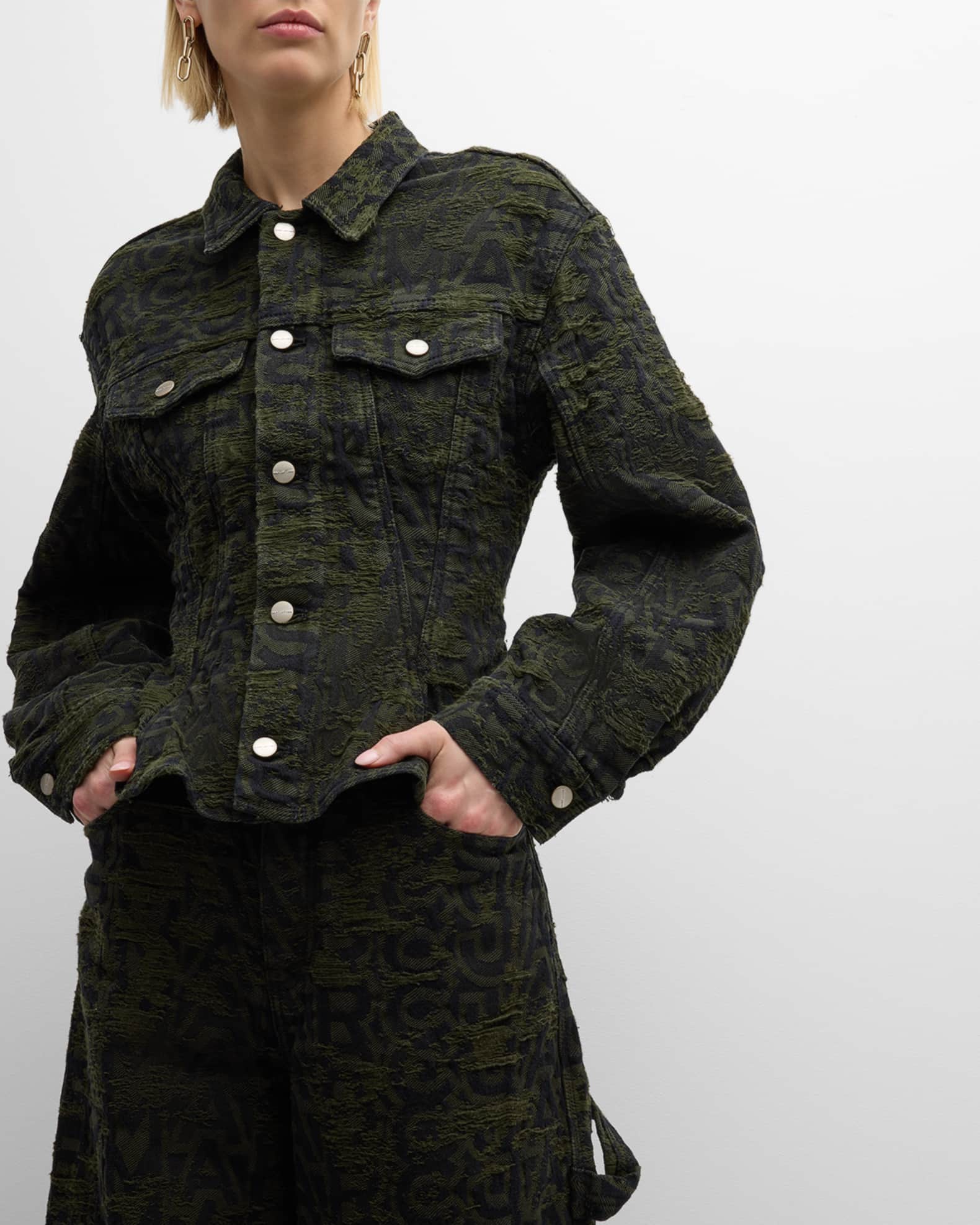 Marc Jacobs Distressed Monogram Denim Peplum Jacket | Neiman Marcus