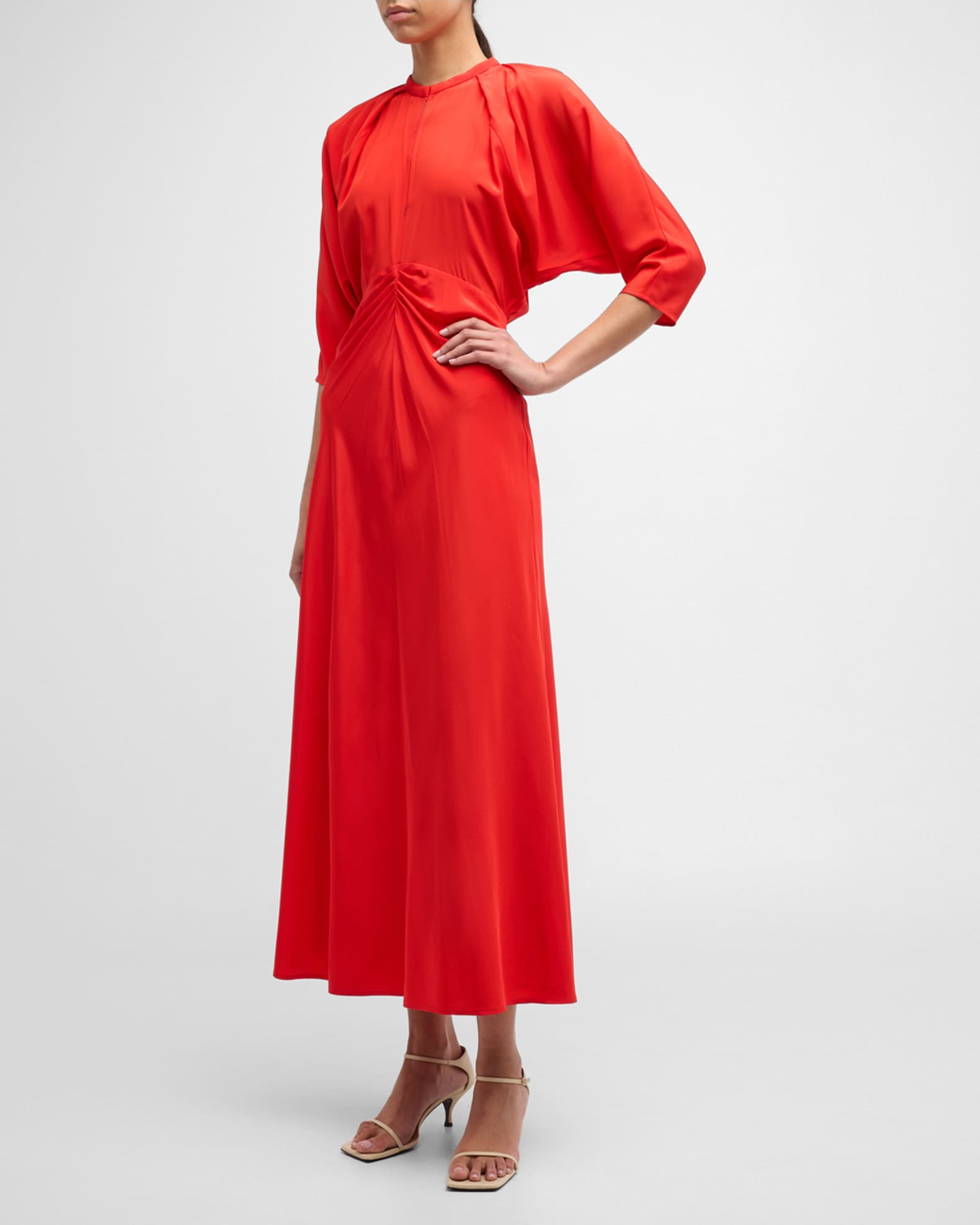 Oroton Ruched Dolman-Sleeve Silk Midi Dress | Neiman Marcus