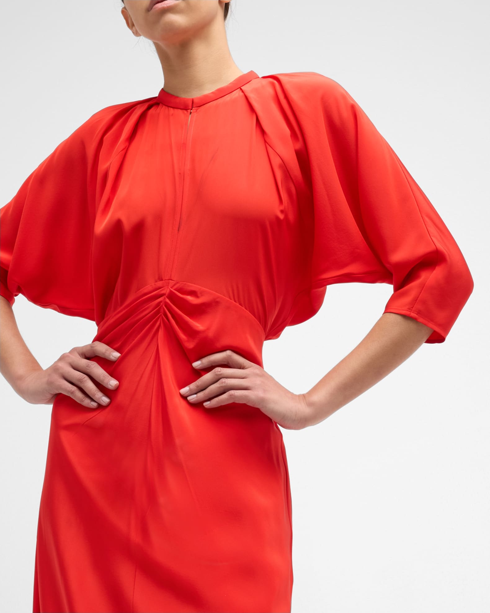 Oroton Ruched Dolman-Sleeve Silk Midi Dress | Neiman Marcus