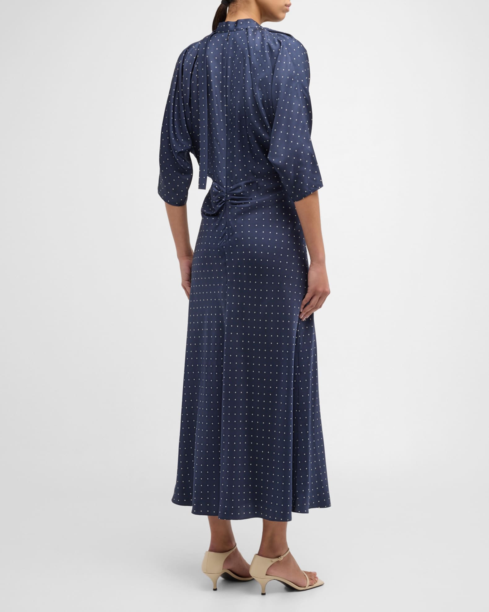 Oroton Ruched Dolman-Sleeve Polka Dot Silk Midi Dress | Neiman Marcus