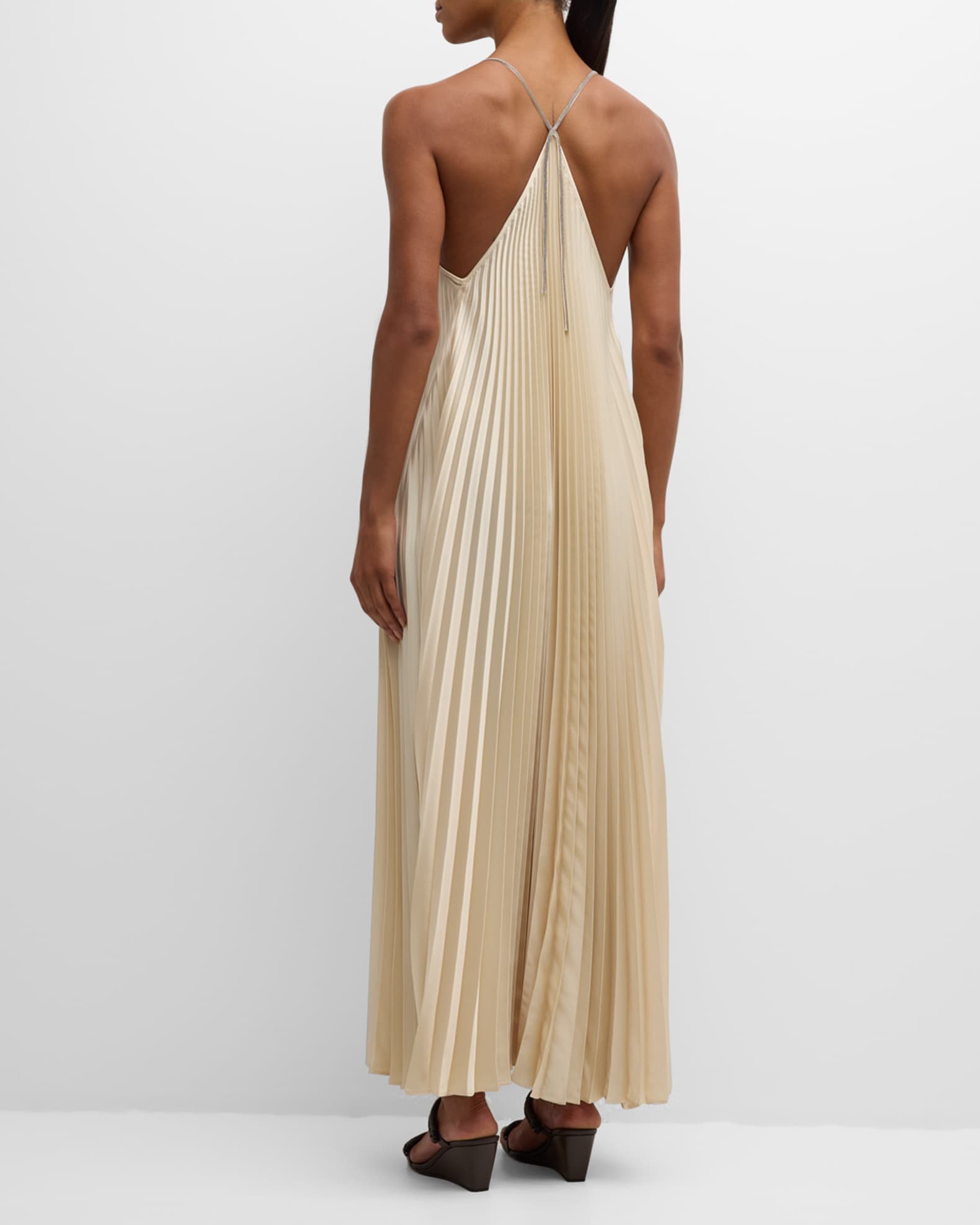 Brunello Cucinelli Soft Satin Pleated Midi Dress with Monili Strap Detail | Neiman Marcus