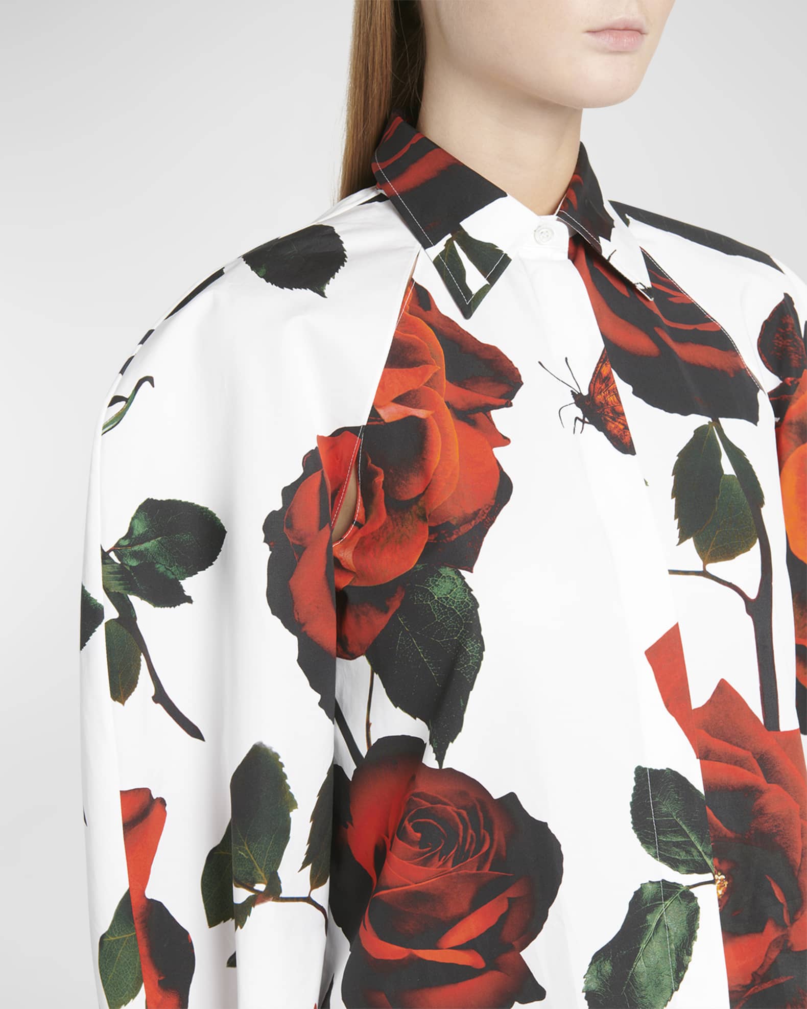 Alexander McQueen Floral-Print Slash-Cutout Cocoon Shirt | Neiman Marcus