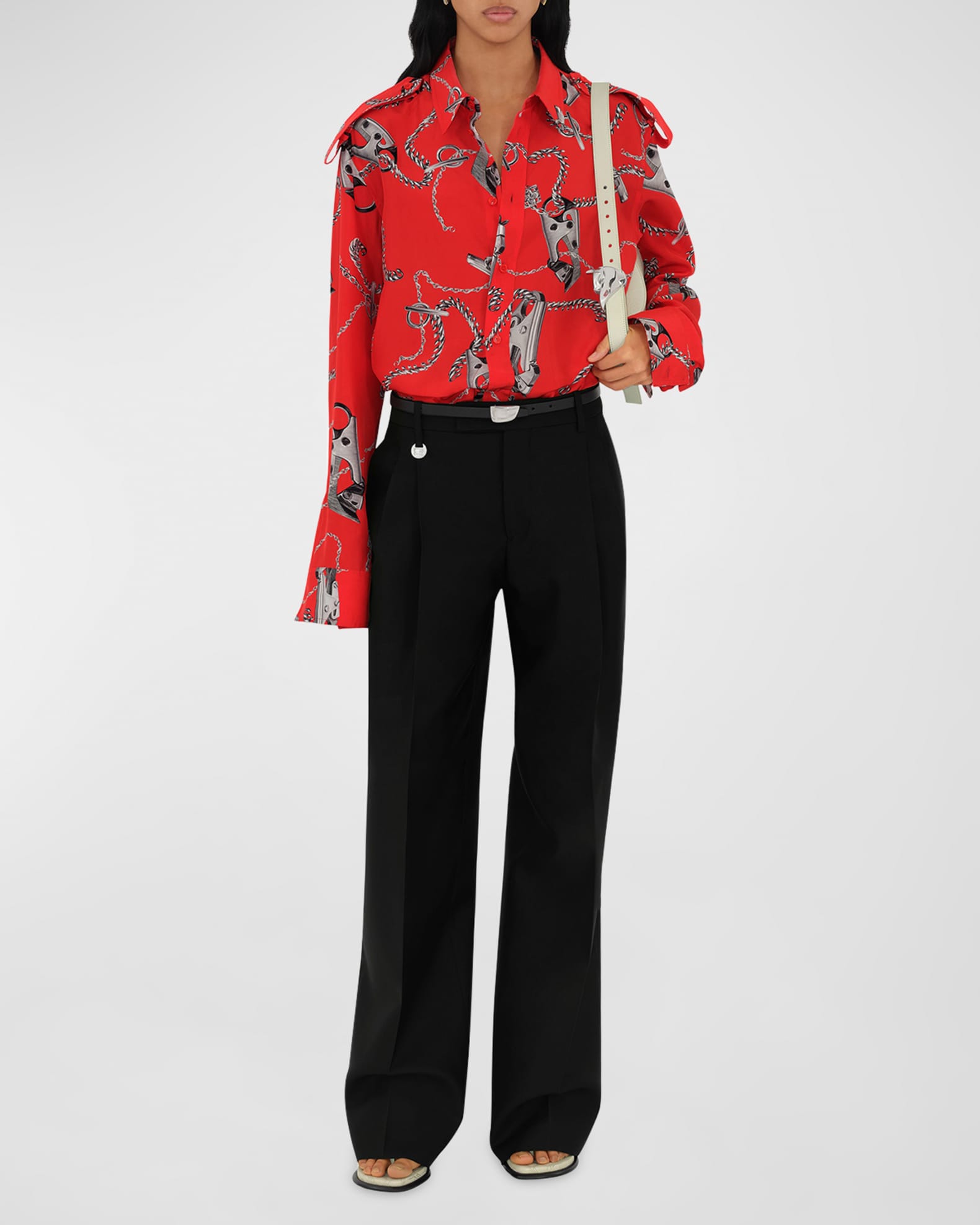 Burberry Chain-Print Shoulder-Epaulet Button-Front Silk Top | Neiman Marcus