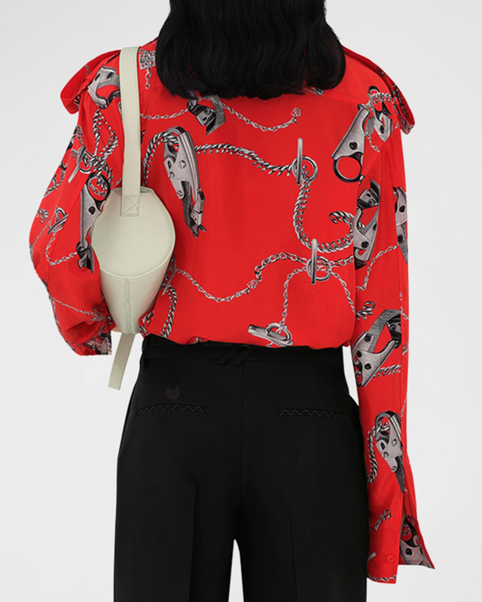 Burberry Chain-Print Shoulder-Epaulet Button-Front Silk Top | Neiman Marcus
