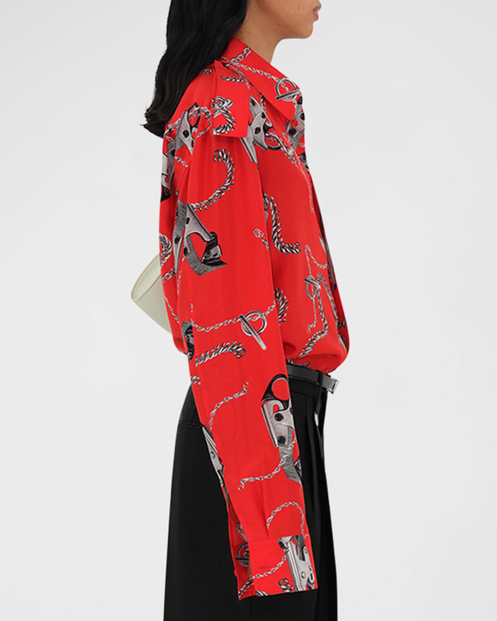 Burberry Chain-Print Shoulder-Epaulet Button-Front Silk Top | Neiman Marcus