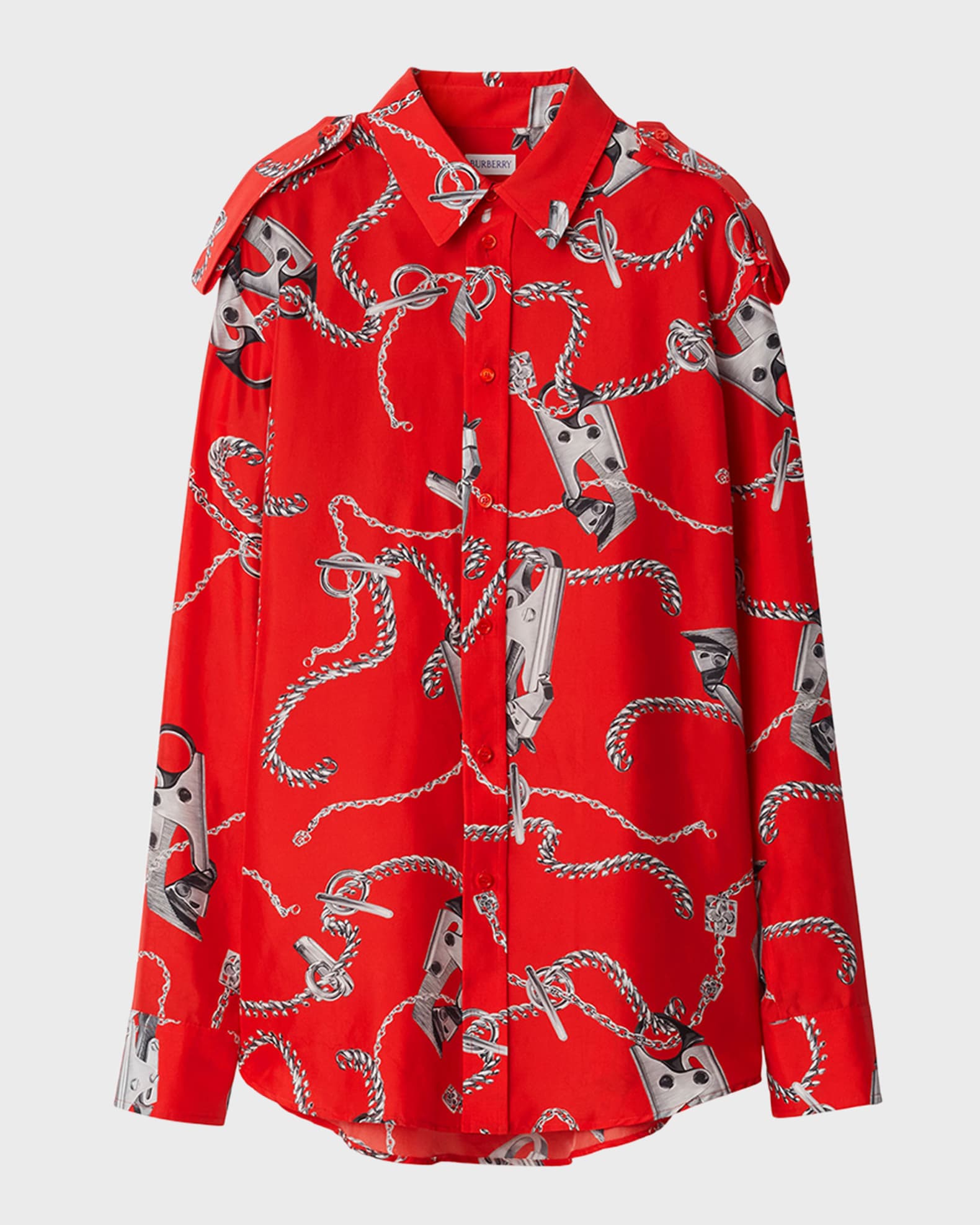 Burberry Chain-Print Shoulder-Epaulet Button-Front Silk Top | Neiman Marcus