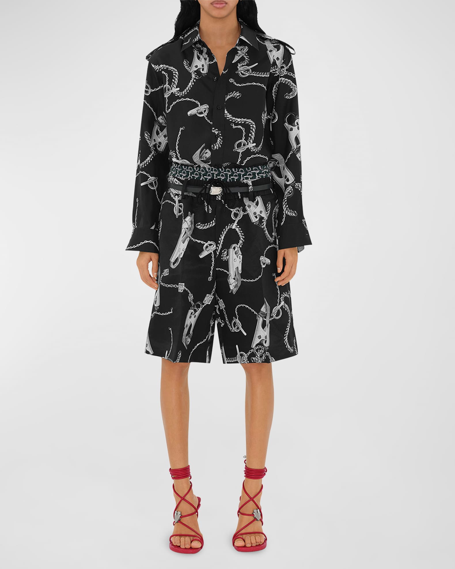 Burberry Chain-Print Long-Sleeve Collared Silk Top | Neiman Marcus