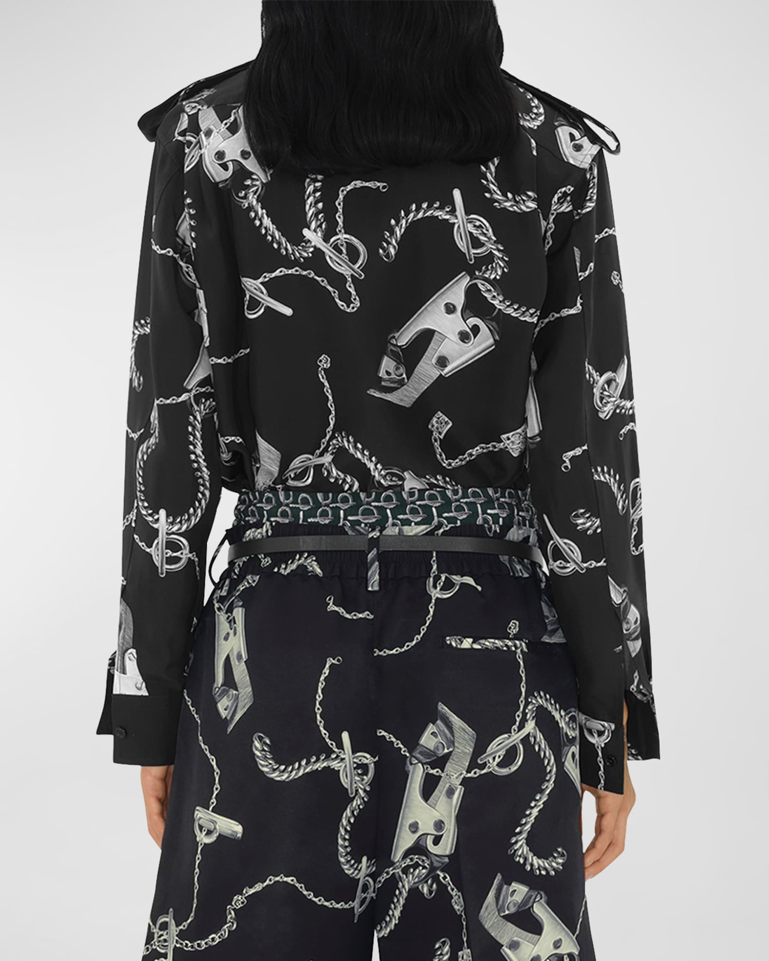 Burberry Chain-Print Long-Sleeve Collared Silk Top | Neiman Marcus