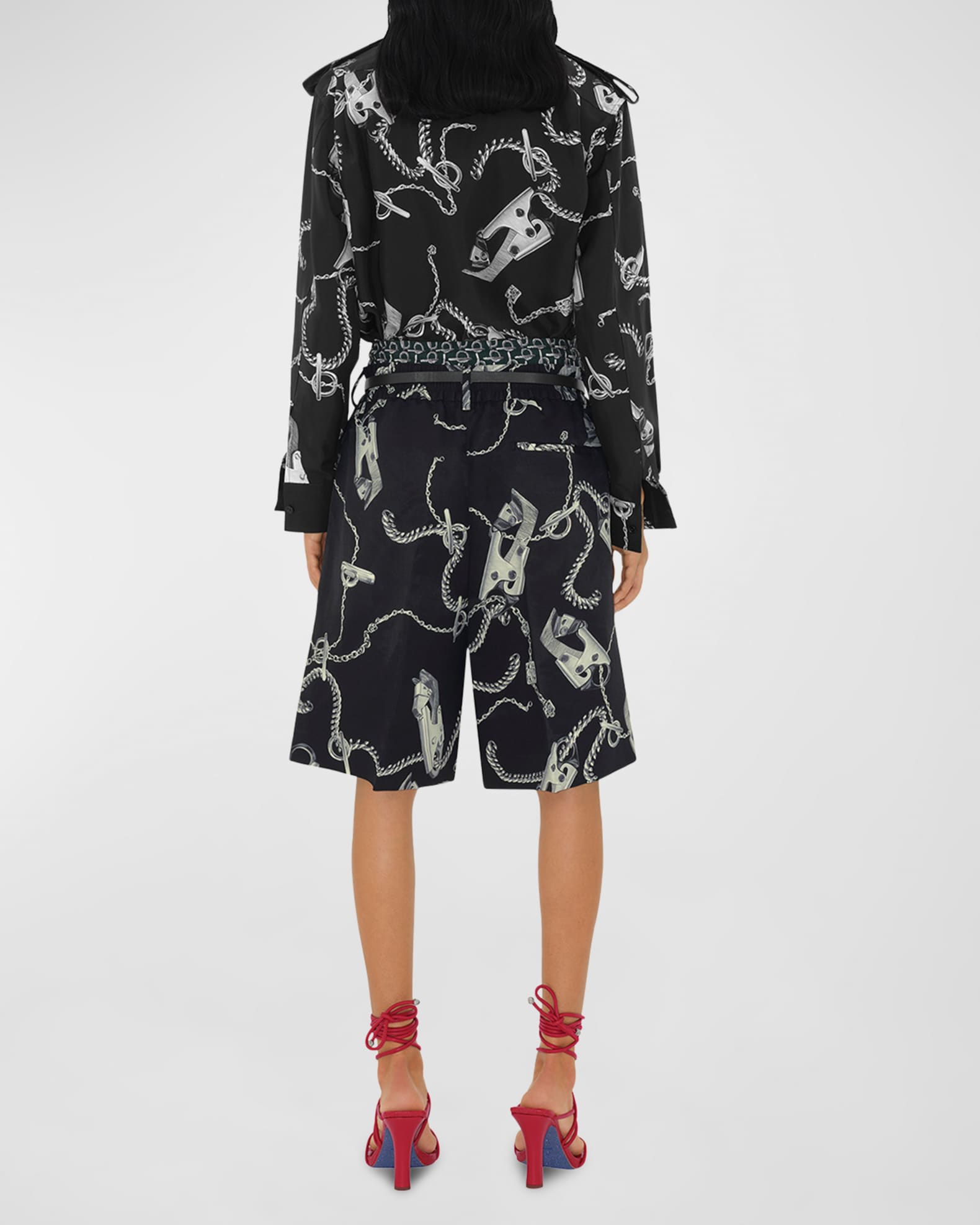 Burberry Chain-Print Long-Sleeve Collared Silk Top | Neiman Marcus