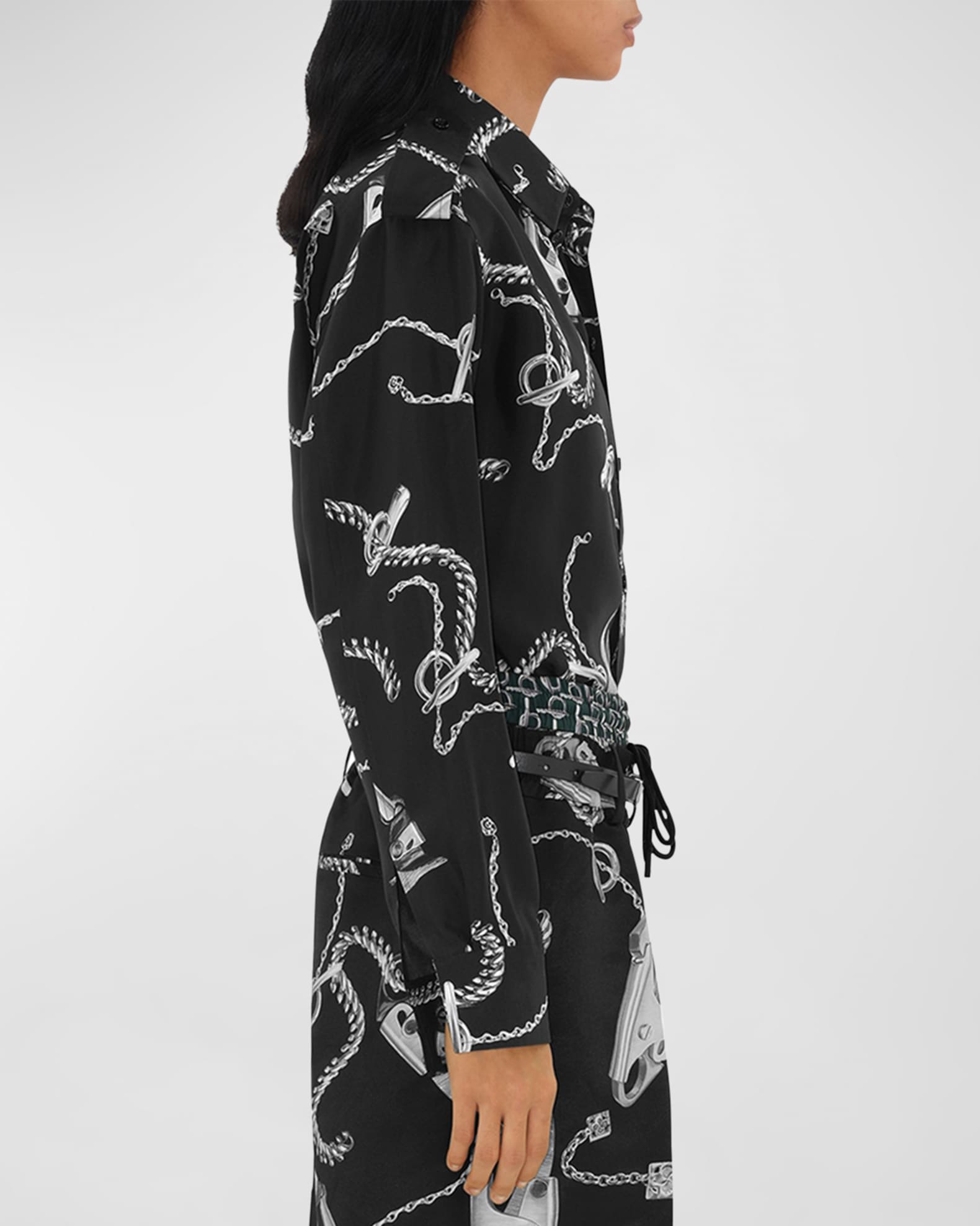 Burberry Chain-Print Long-Sleeve Collared Silk Top | Neiman Marcus
