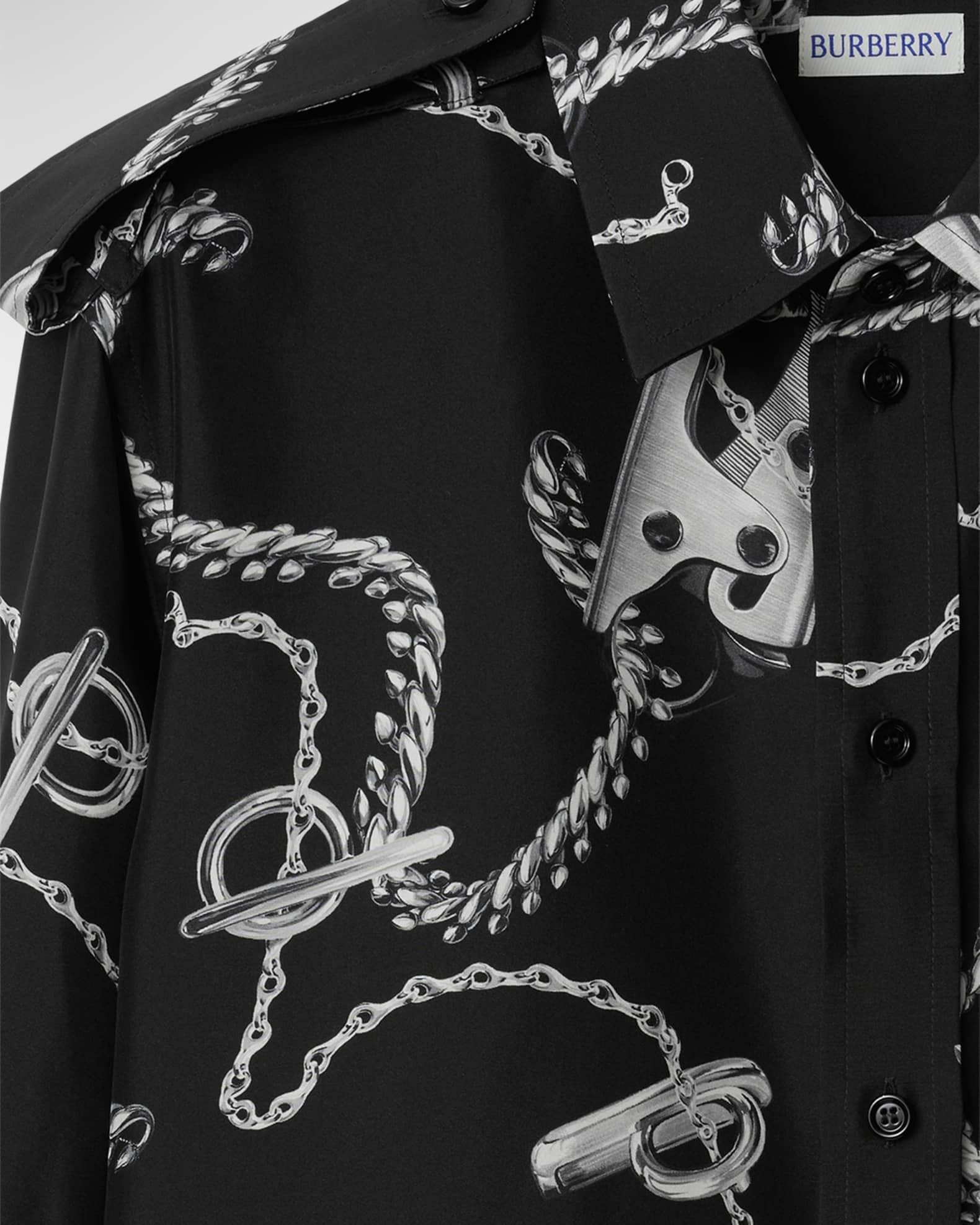 Burberry Chain-Print Long-Sleeve Collared Silk Top | Neiman Marcus