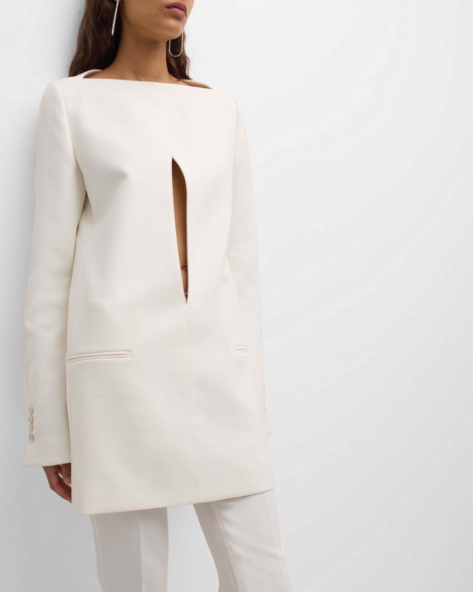 Courreges Cutout Flare-Sleeve Tailored Tunic Blouse | Neiman Marcus