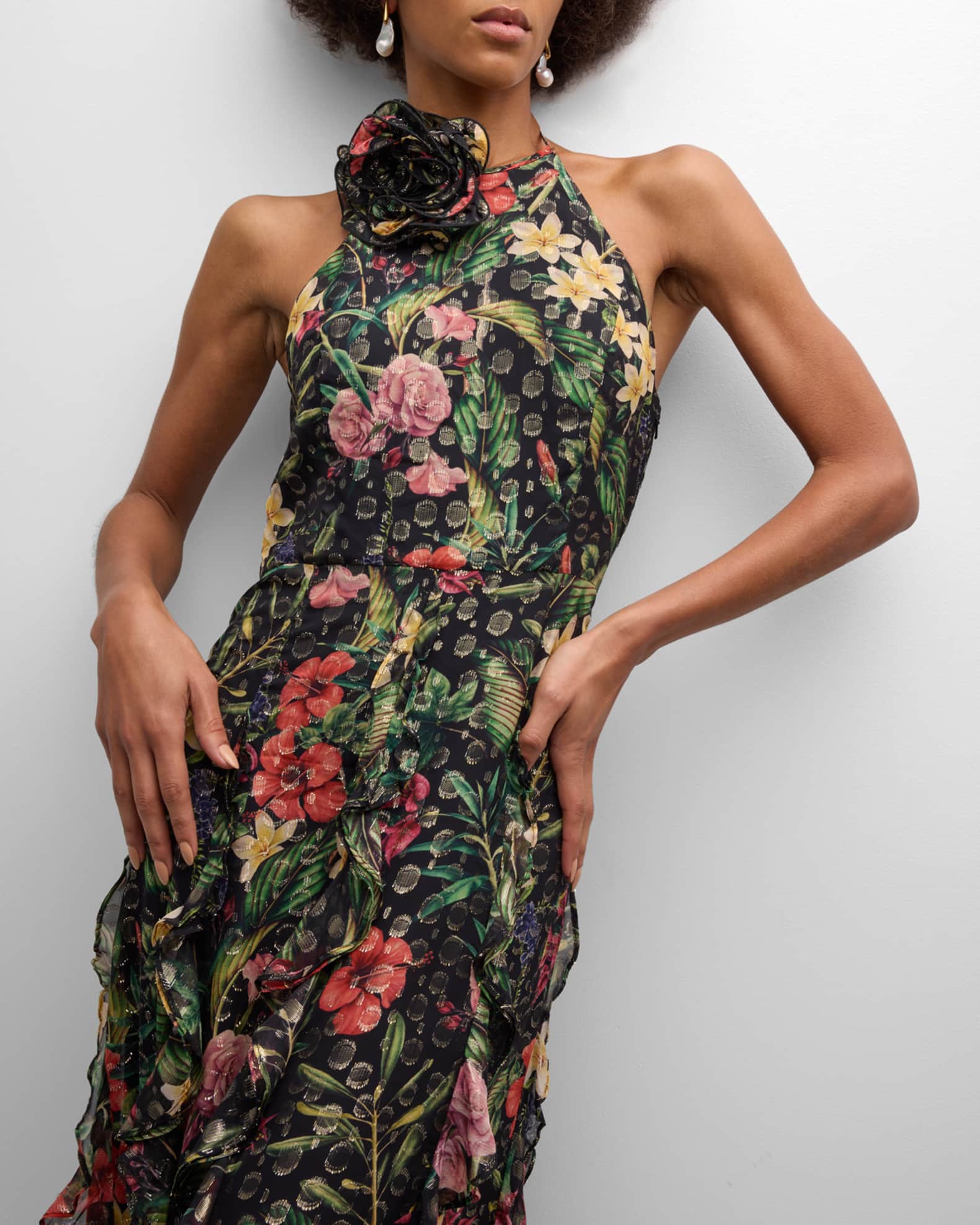Ramy Brook Idella Metallic Floral-Print Ruffle Halter Gown | Neiman Marcus