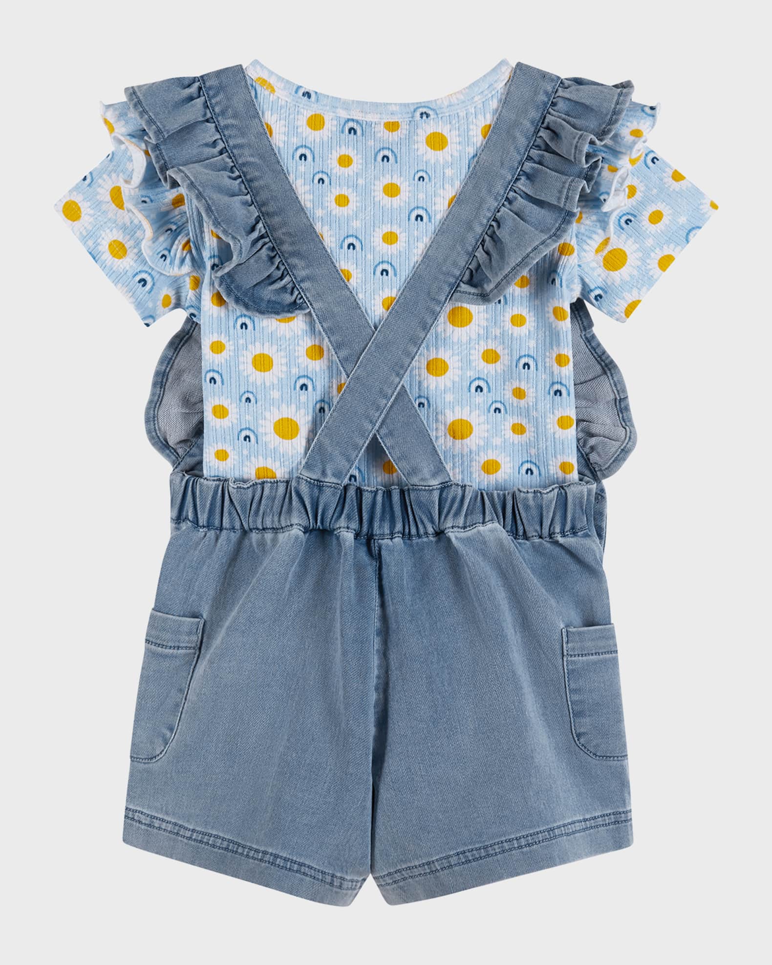 Andy & Evan Girls Daisy-Print Top W/ Denim Overalls Set, Size 2T-6X | Neiman Marcus