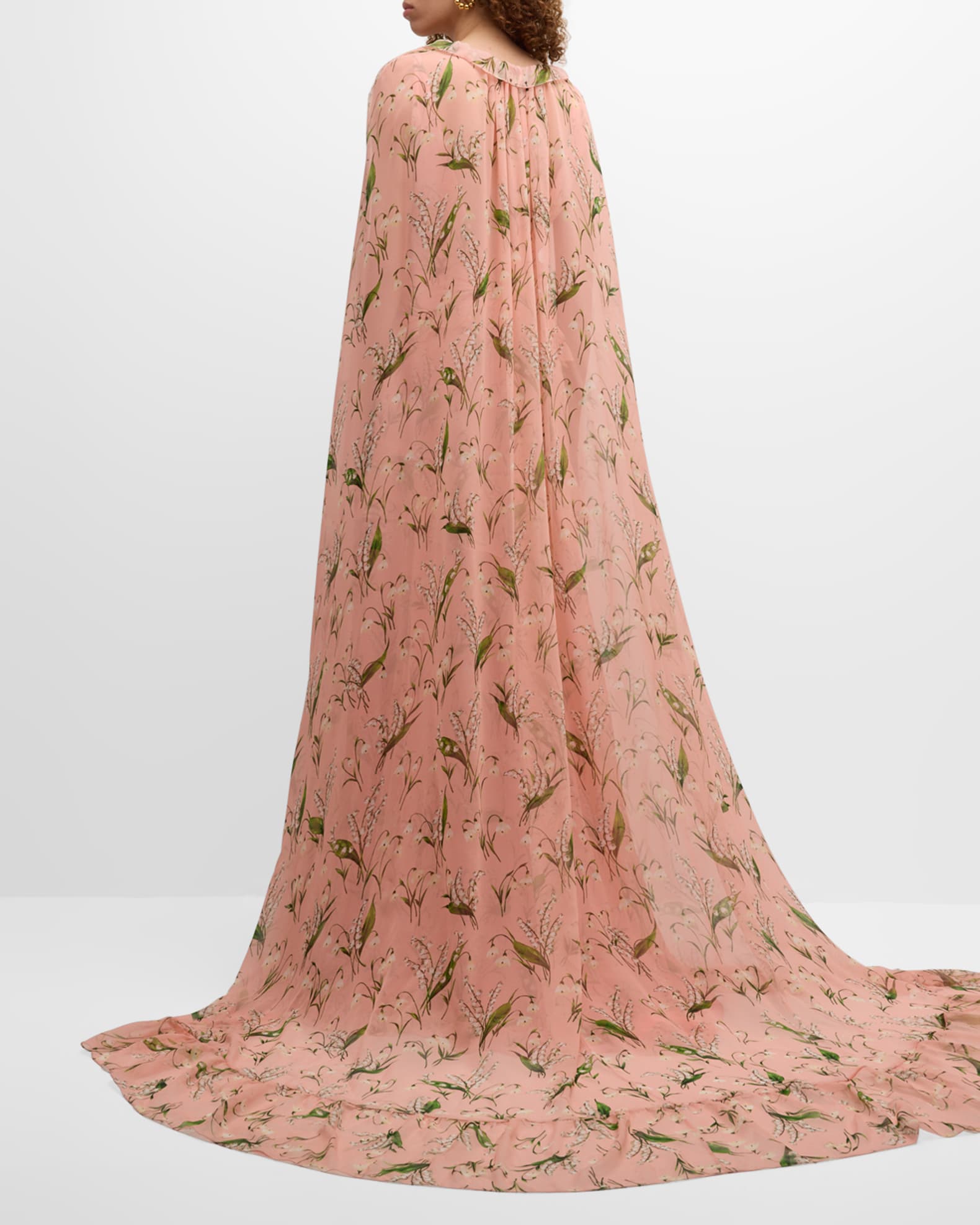 Carolina Herrera Plunging Floral-Print Ruffle Cape Gown | Neiman Marcus