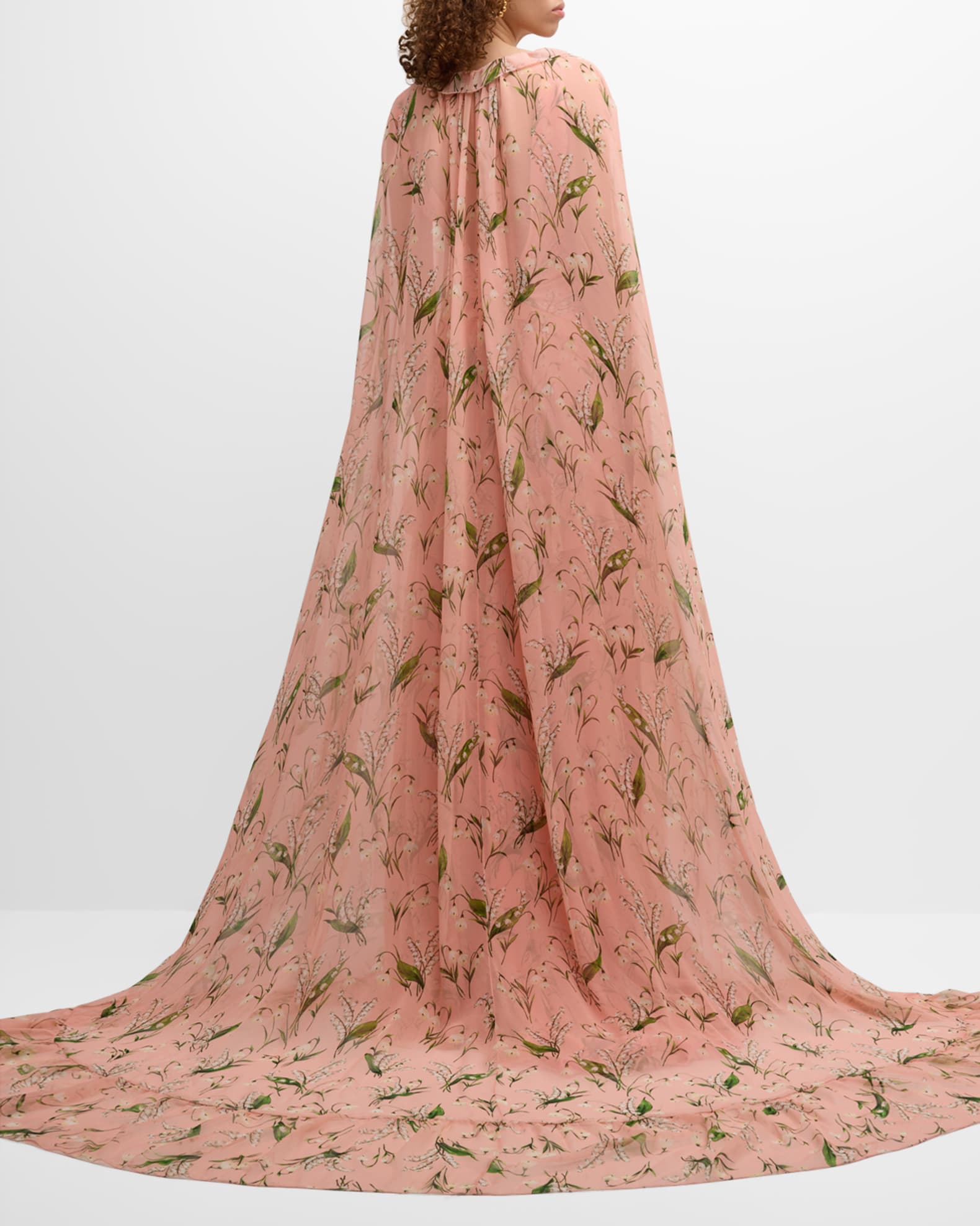 Carolina Herrera Plunging Floral-Print Ruffle Cape Gown | Neiman Marcus