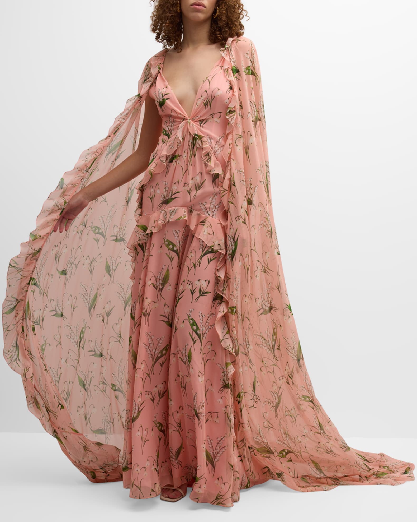 Carolina Herrera Plunging Floral-Print Ruffle Cape Gown | Neiman Marcus