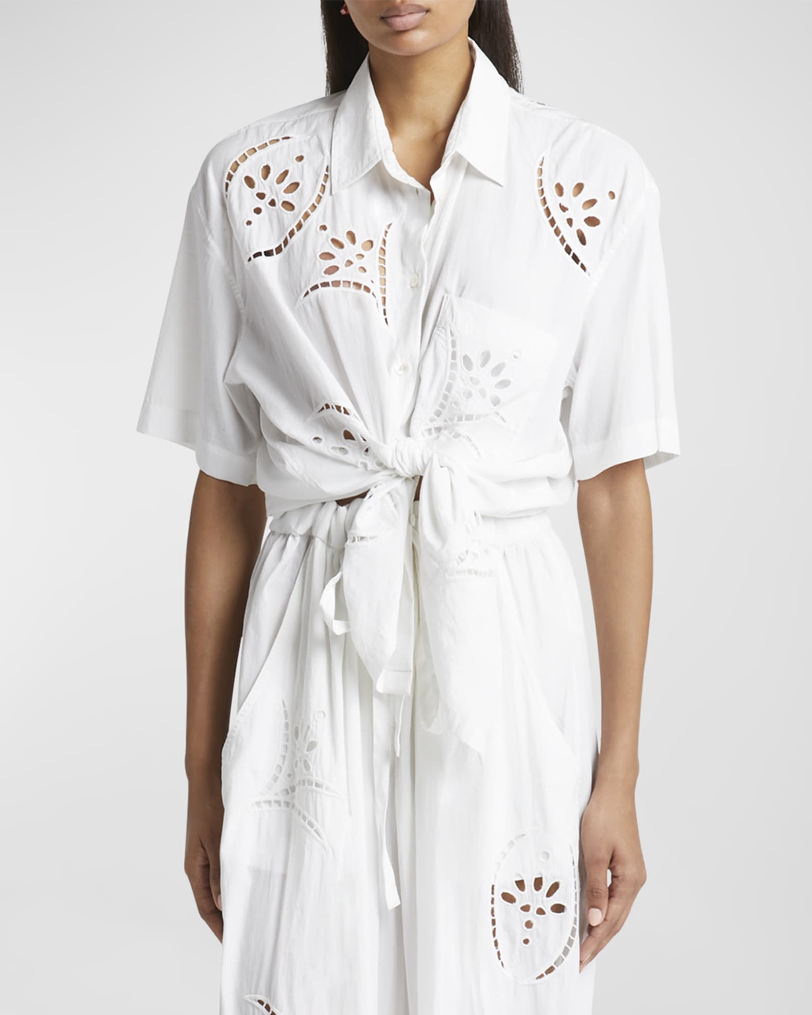 Isabel Marant Bilya Broderie Anglaise Short-Sleeve Collared Shirt ...