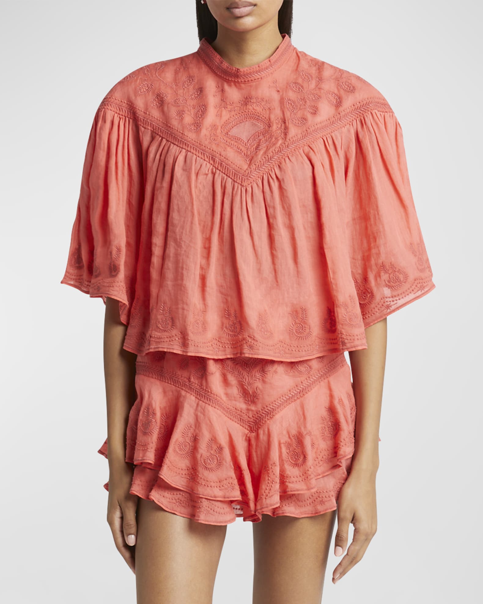 Isabel Marant Elodia Embroidered V-Yoke Short-Sleeve Boxy Blouse ...