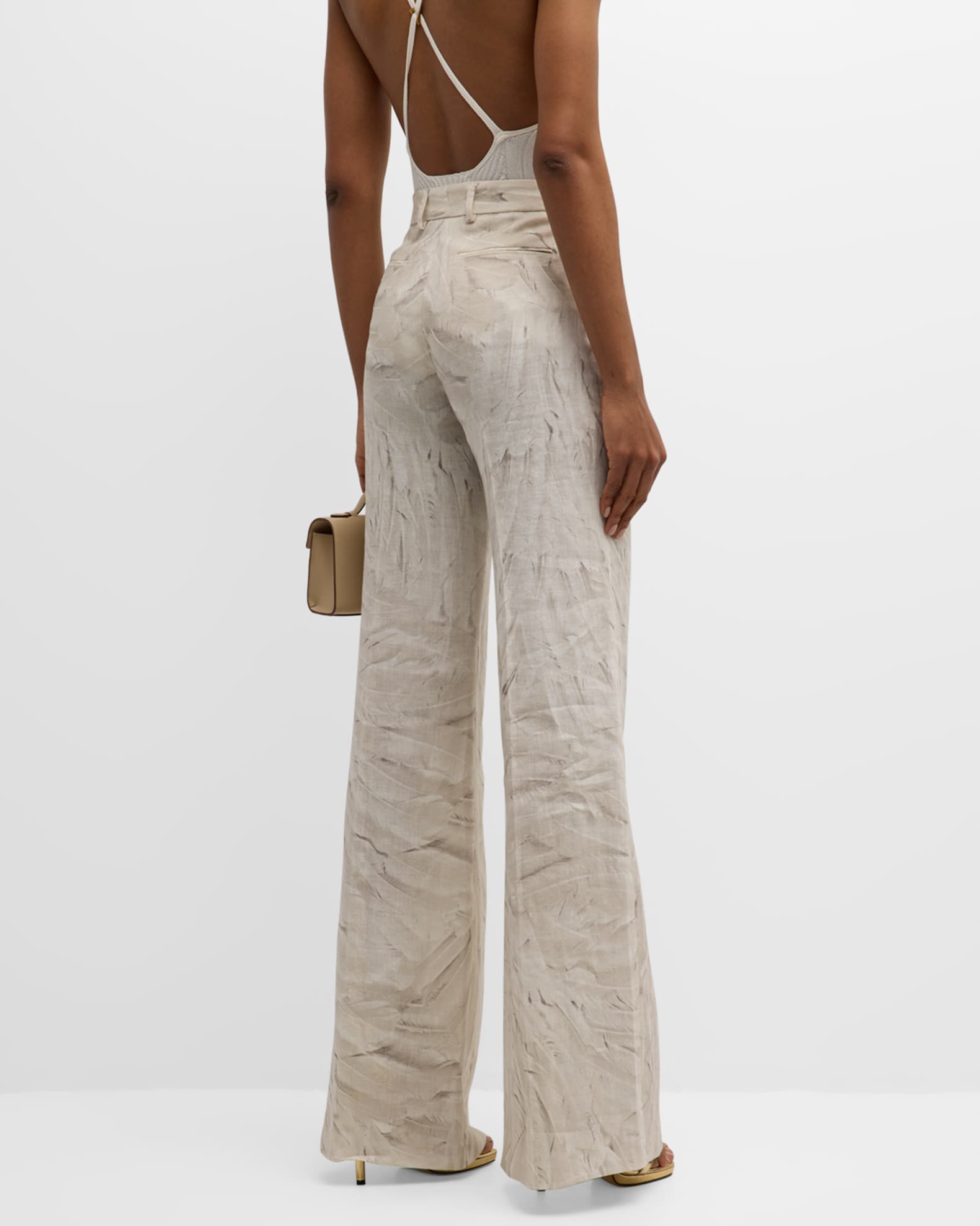 Roberto Cavalli Feather-Print Straight-Leg Flax Linen Trousers | Neiman ...