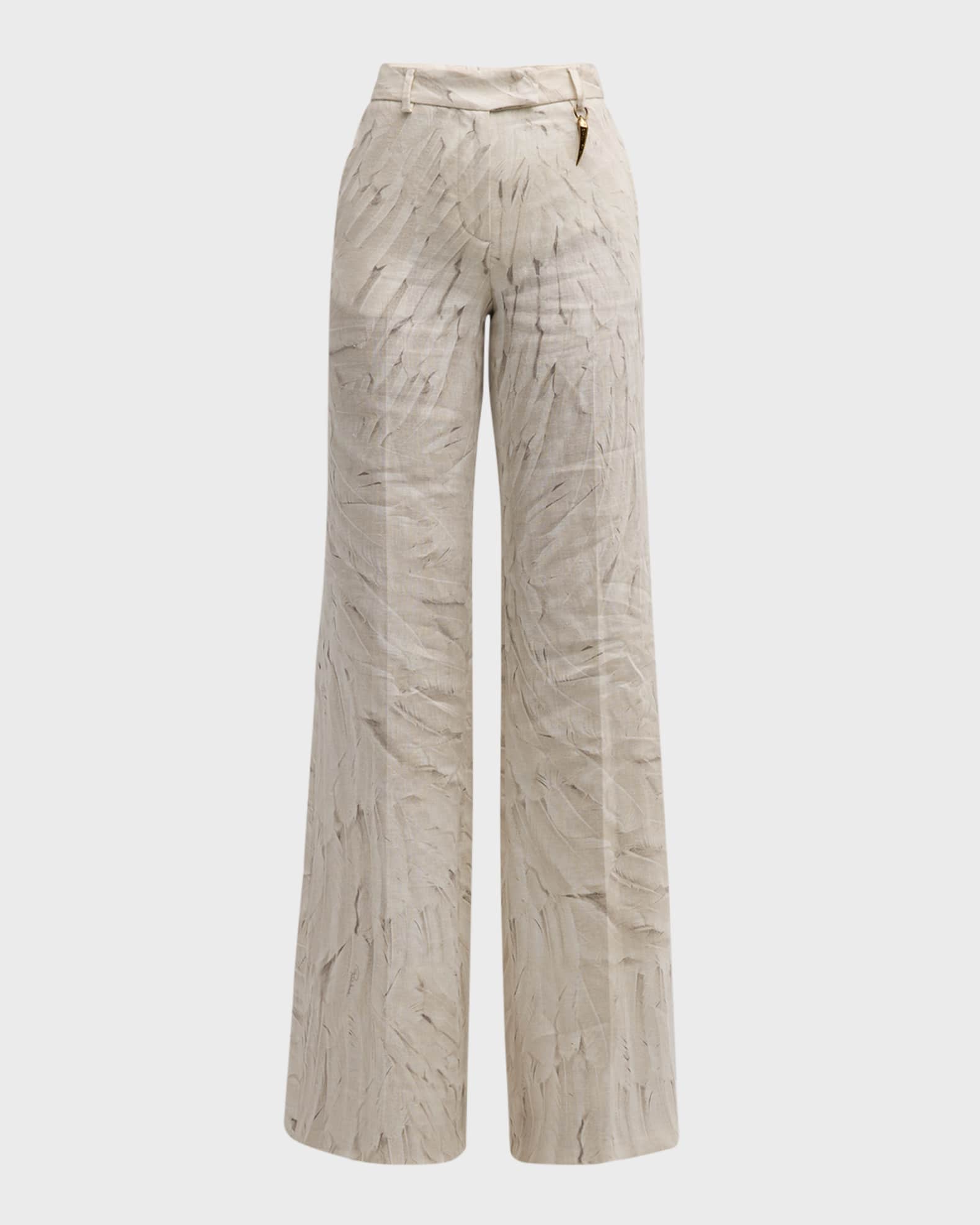 Roberto Cavalli Feather-Print Straight-Leg Flax Linen Trousers | Neiman ...