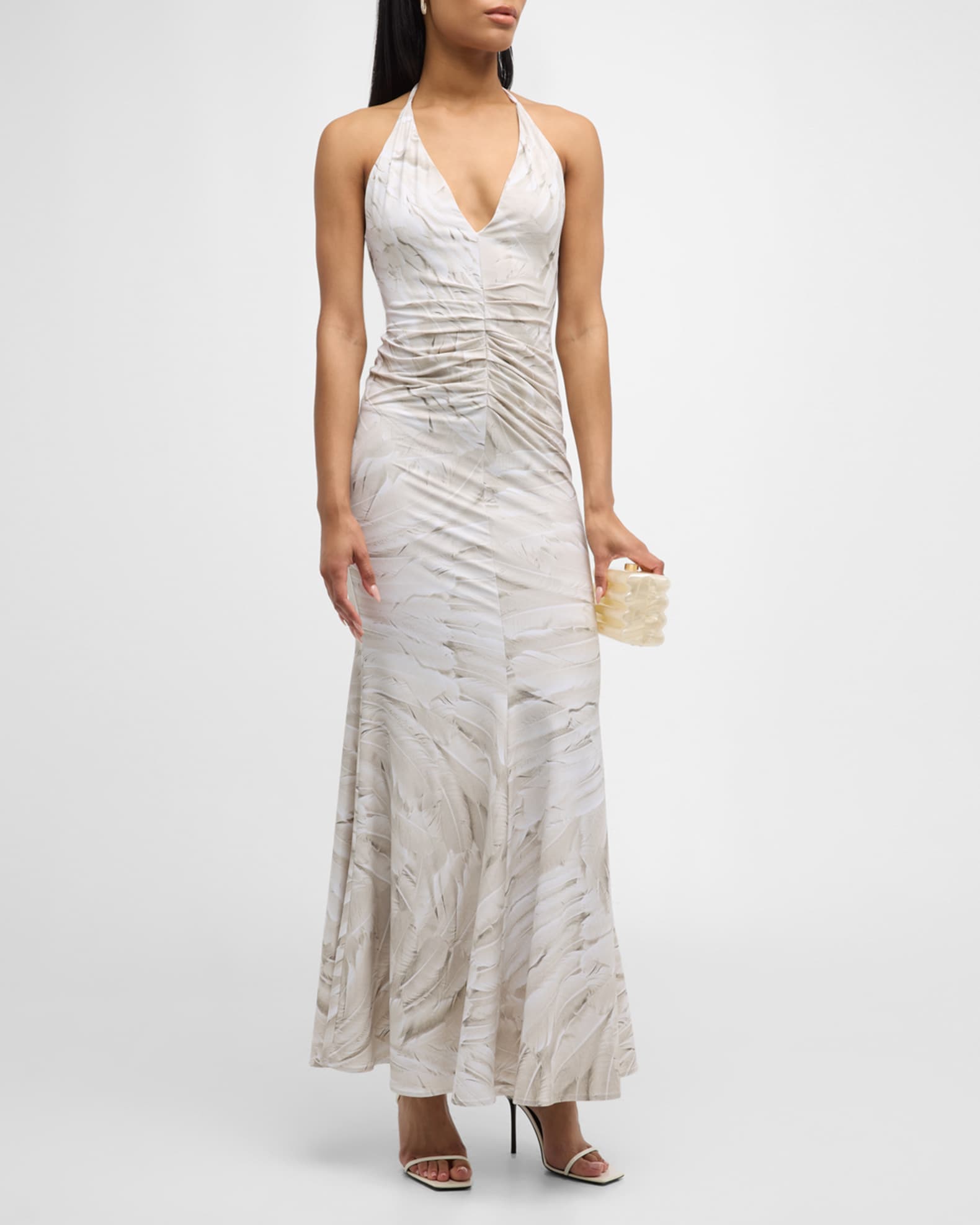 Roberto Cavalli Feather-Print Ruched Halter Maxi Trumpet Dress | Neiman ...