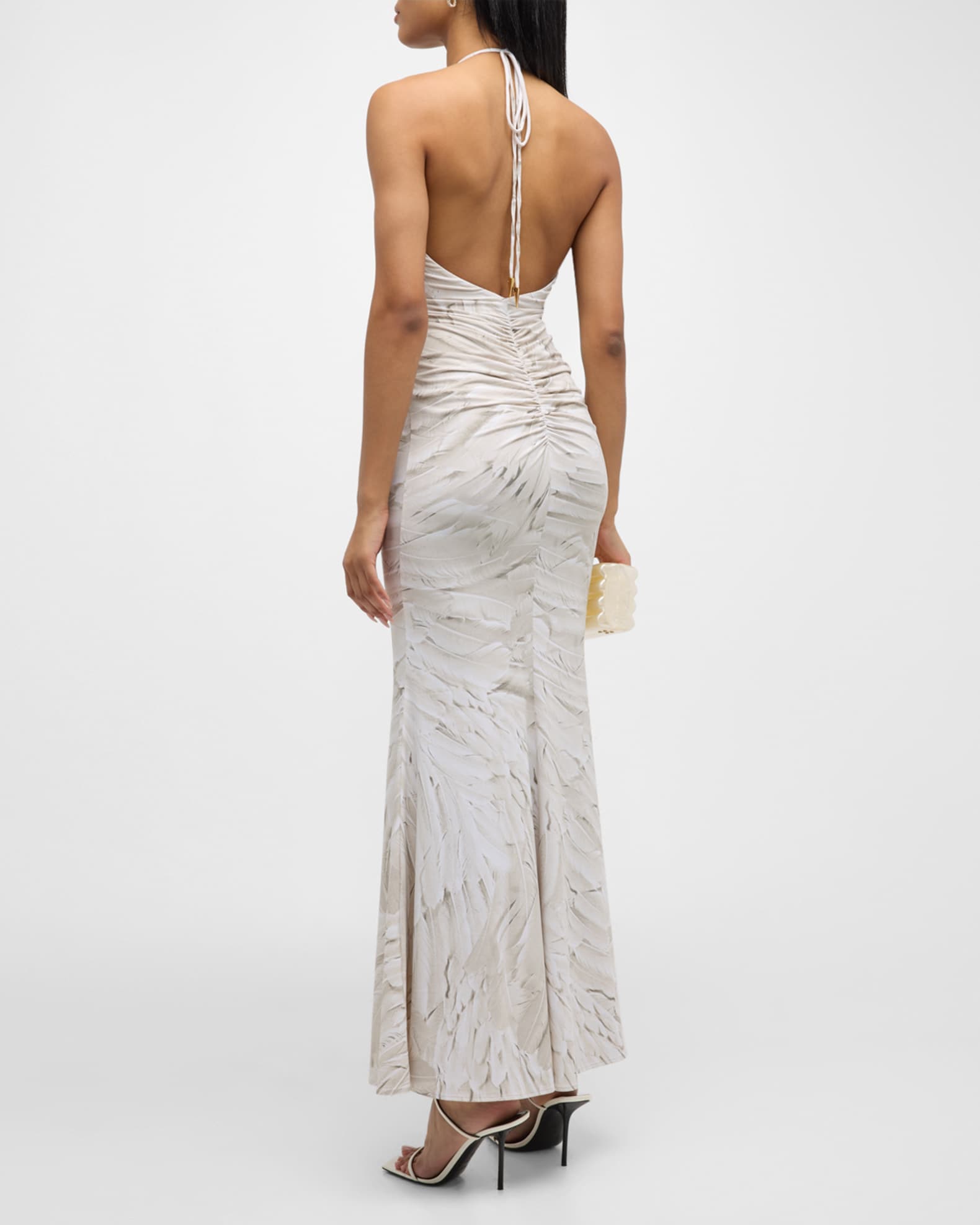 Roberto Cavalli Feather-Print Ruched Halter Maxi Trumpet Dress | Neiman ...