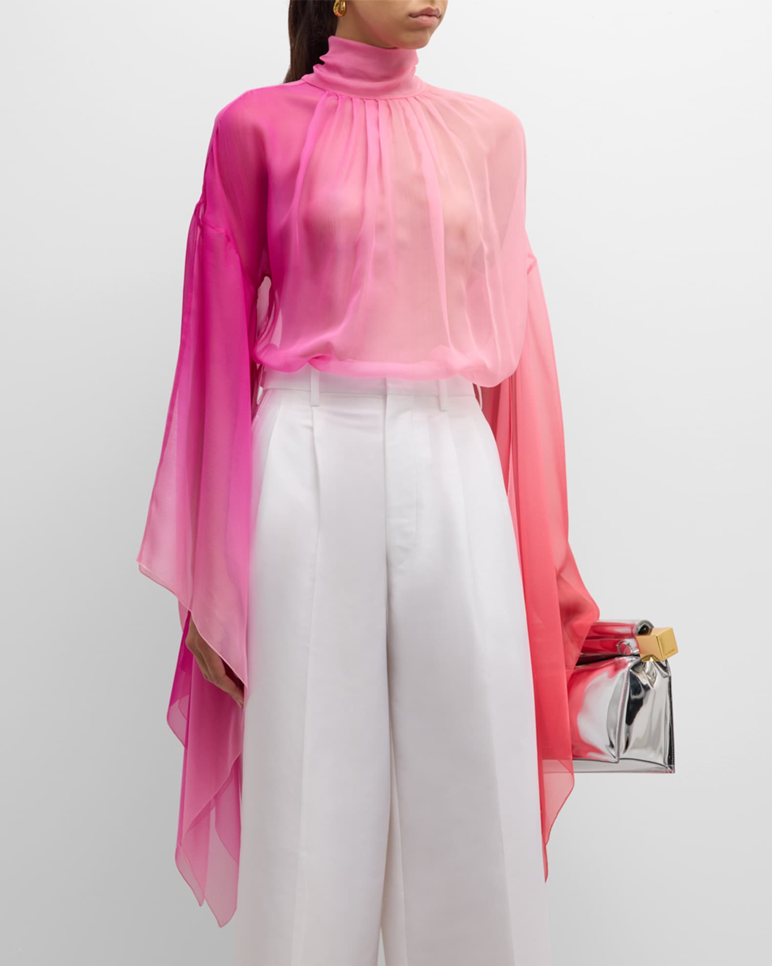 Roberto Cavalli Mock-Neck Bell-Sleeve Ombre Silk Shirt | Neiman Marcus