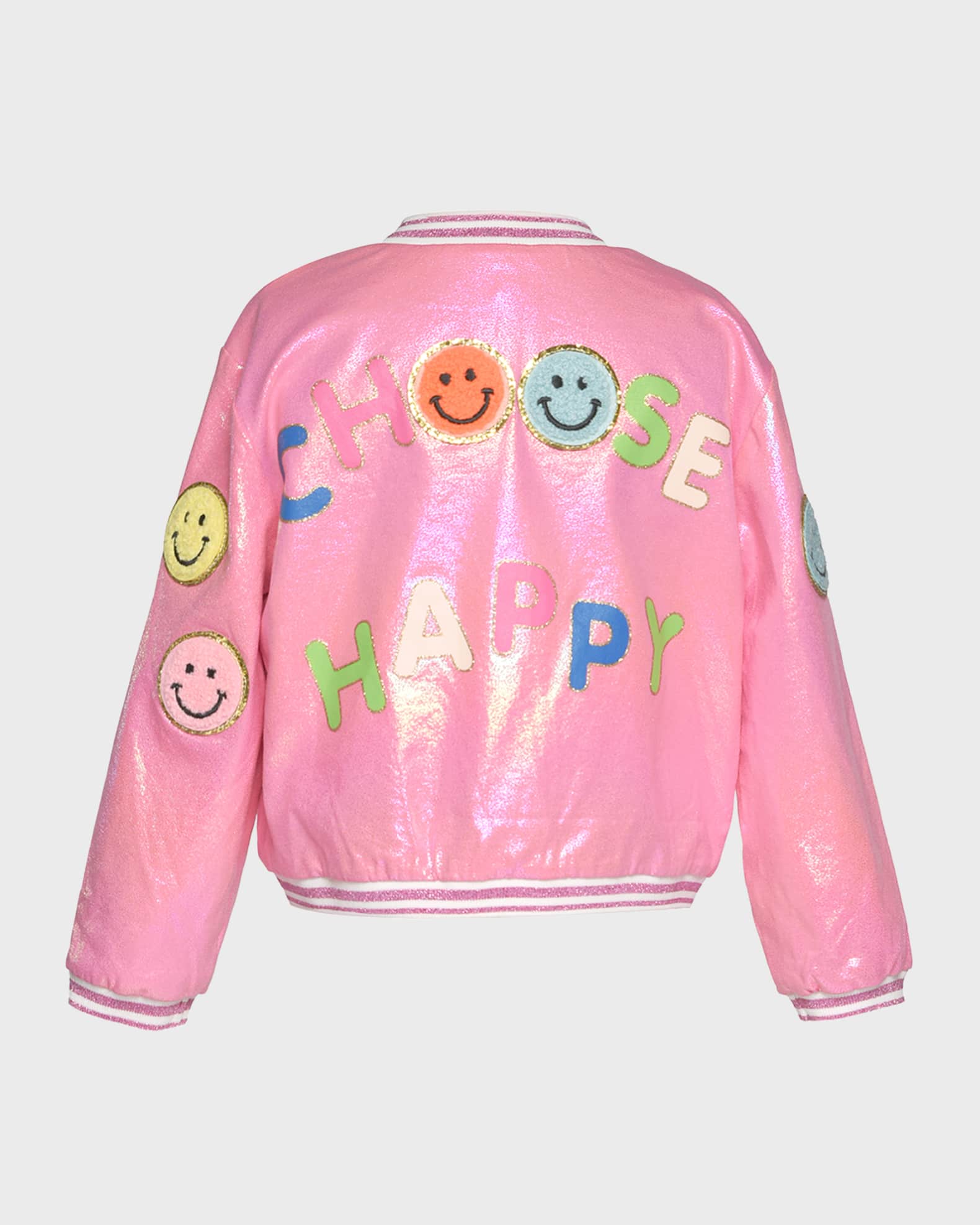 Girl's Smiley Patch Bomber Jacket | Neiman Marcus