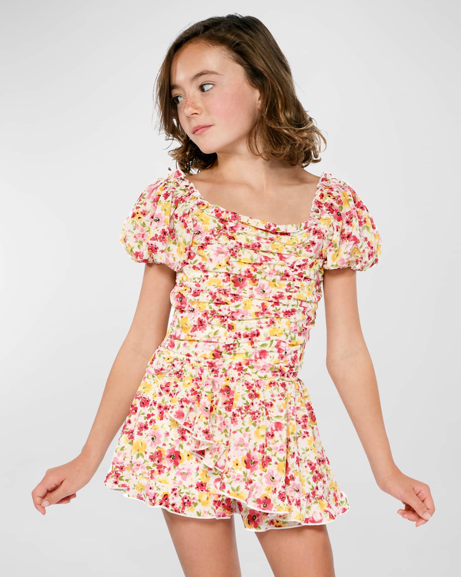 Hannah Banana Girl's Floral-Print Smocked Romper, Size 4-6 | Neiman Marcus