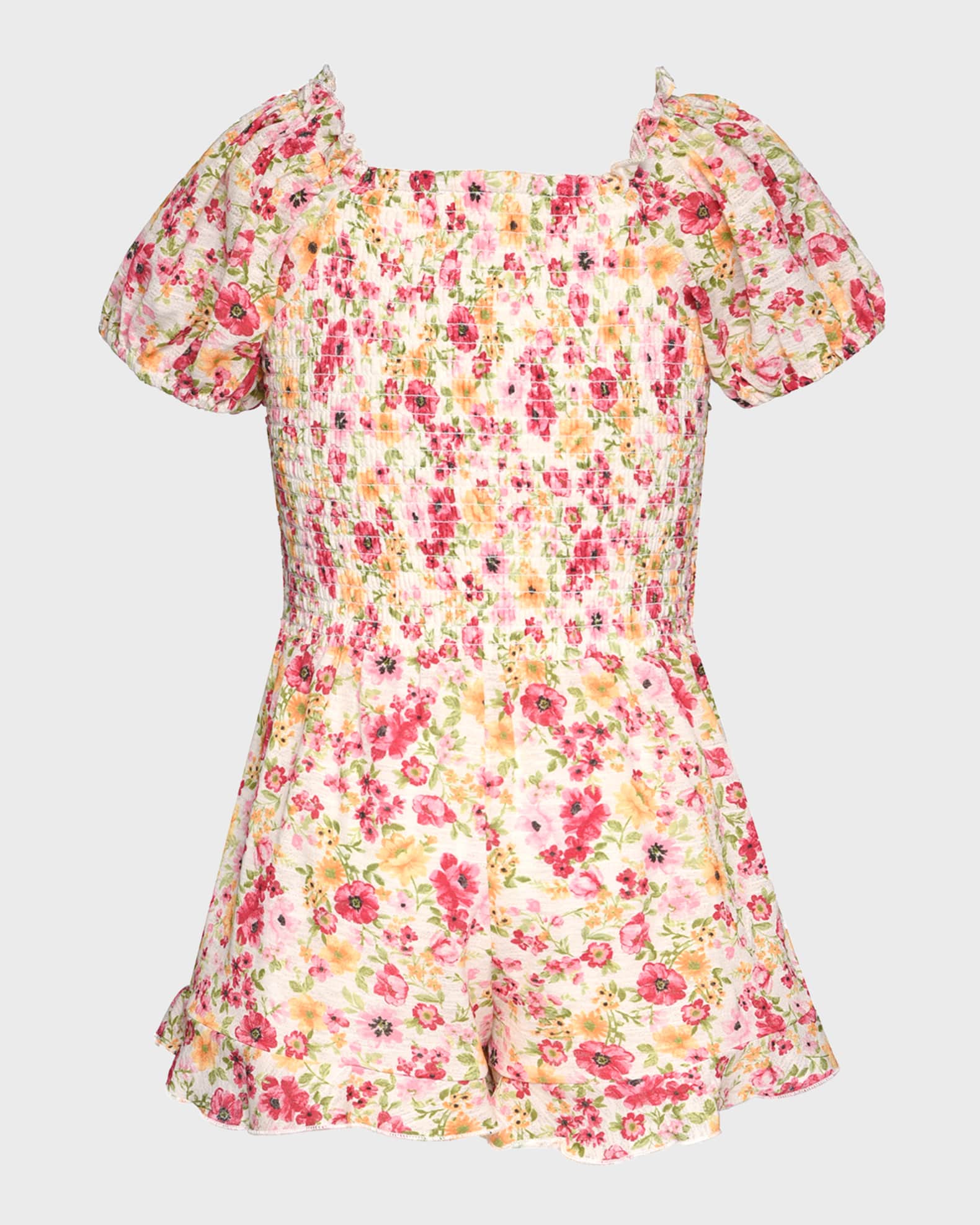Hannah Banana Girl's Floral-Print Smocked Romper, Size 8-14 | Neiman Marcus