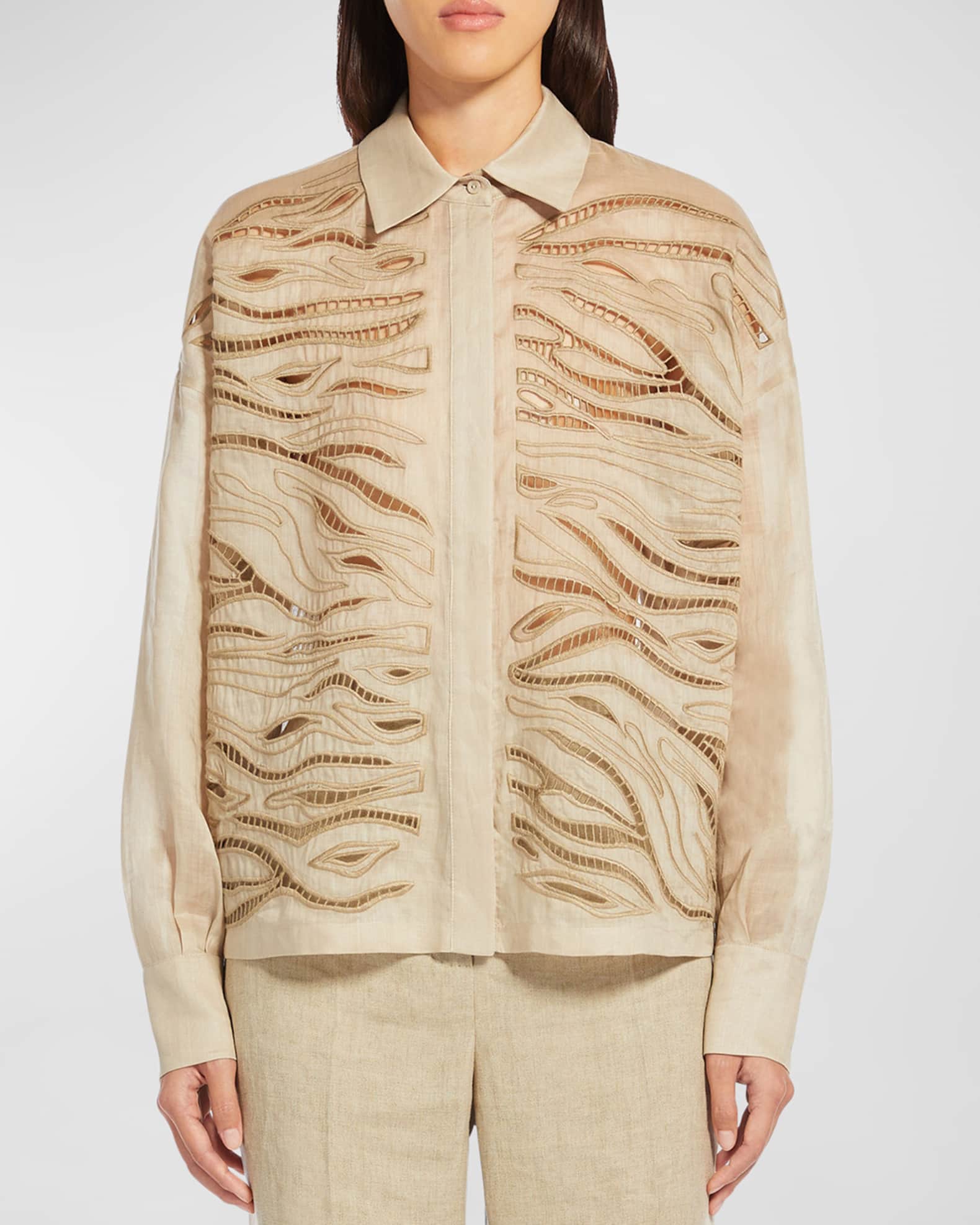 Max Mara Studio Picasso Eyelet-Embroidered Ramie Gauze Shirt | Neiman Marcus