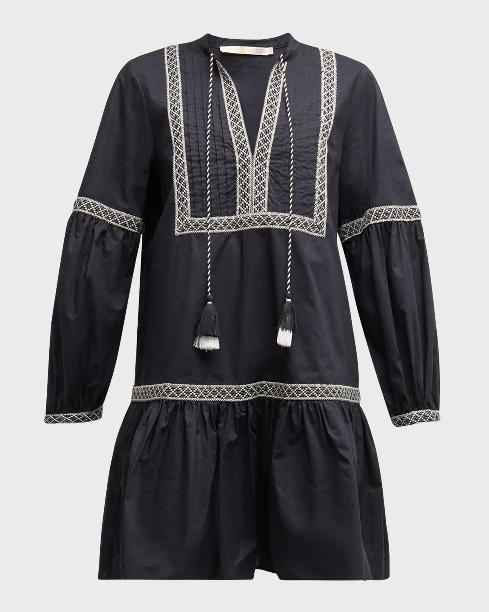 Marie Oliver Mimi Embroidered-Trim Pintuck Cotton Mini Dress | Neiman ...