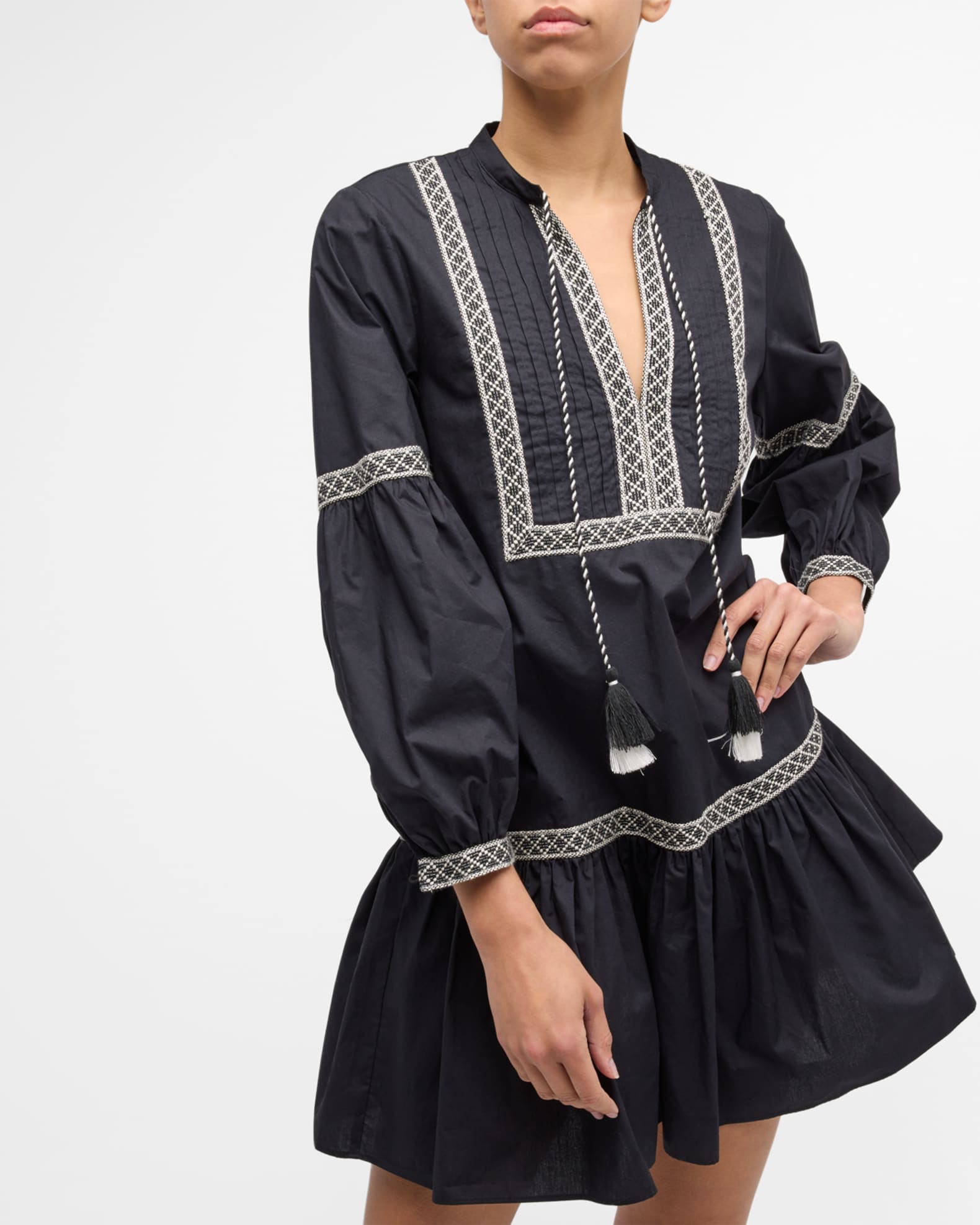 Marie Oliver Mimi Embroidered-Trim Pintuck Cotton Mini Dress | Neiman ...