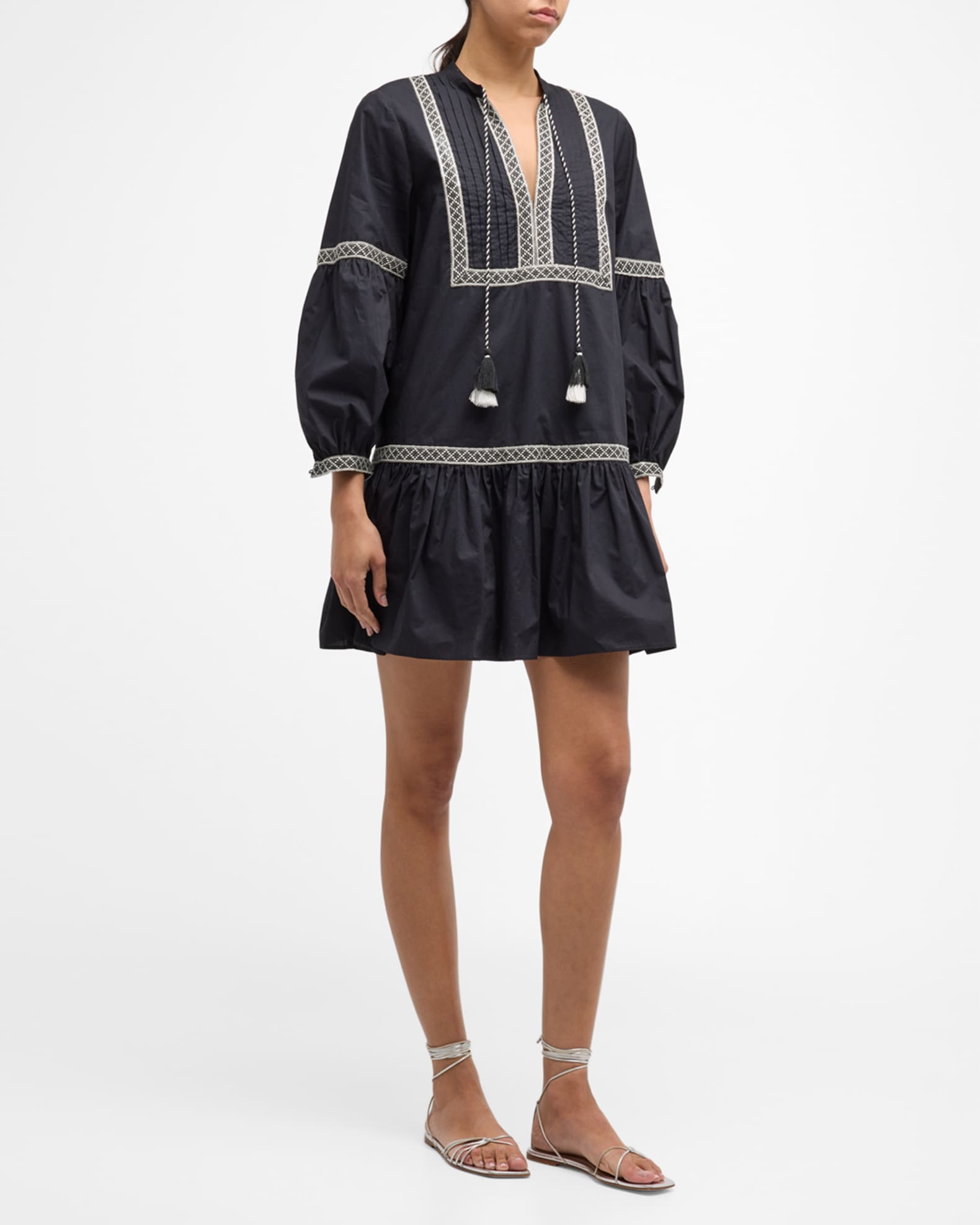 Marie Oliver Mimi Embroidered-Trim Pintuck Cotton Mini Dress | Neiman ...