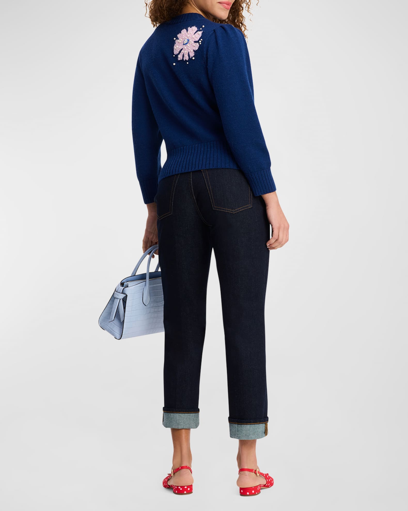 kate spade new york Beaded Floral Applique Wool Sweater | Neiman Marcus