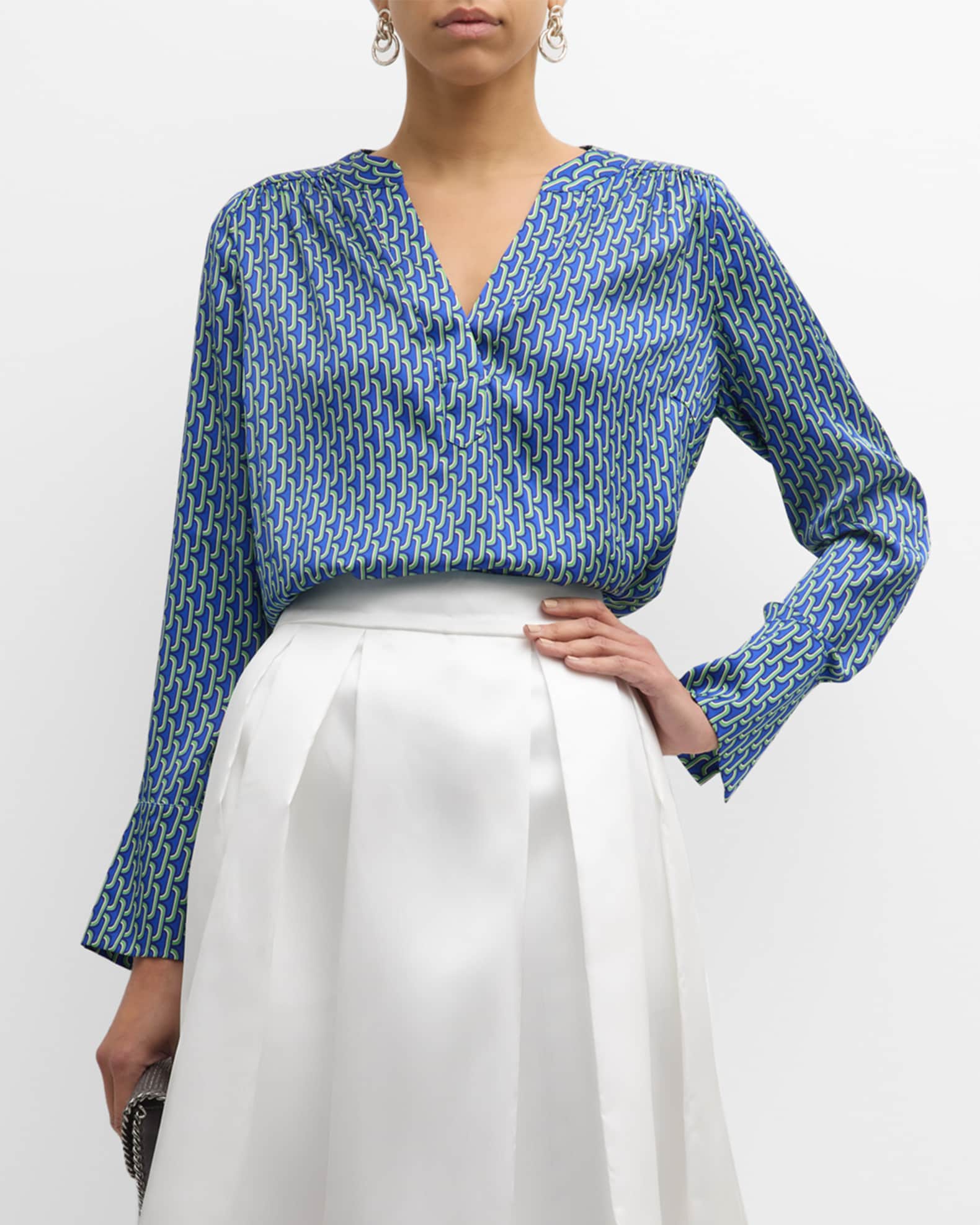 Dea Kudibal Jennifer Geometric-Print Split-Cuff Blouse | Neiman Marcus
