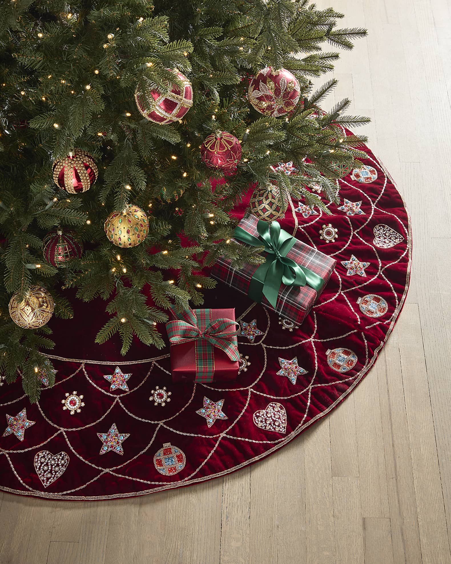 Sudha Pennathur 60" Velvet Embroidered Ornament Tree Skirt | Neiman Marcus