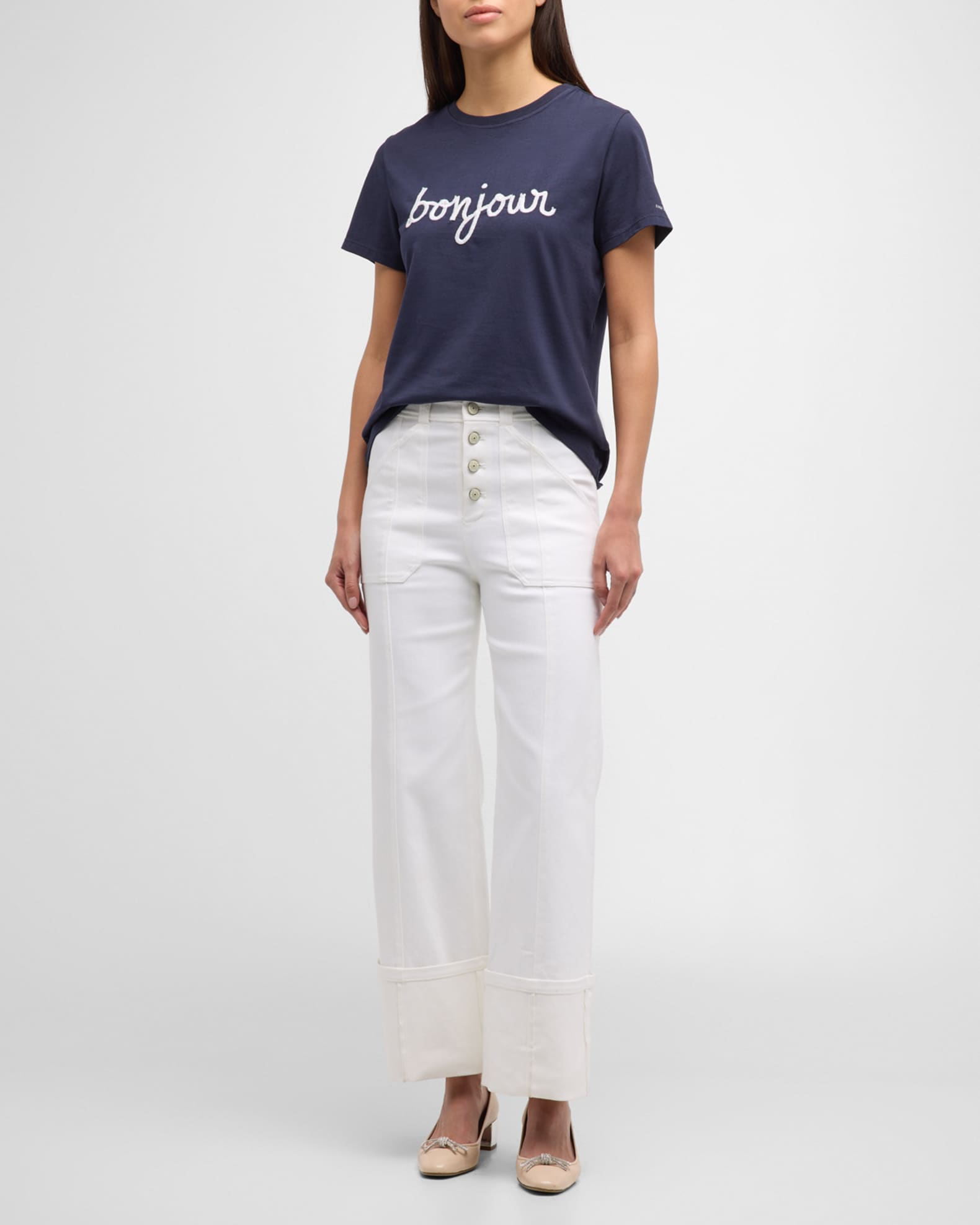 Cinq a Sept Sequined Bonjour Short-Sleeve Cotton Tee | Neiman Marcus