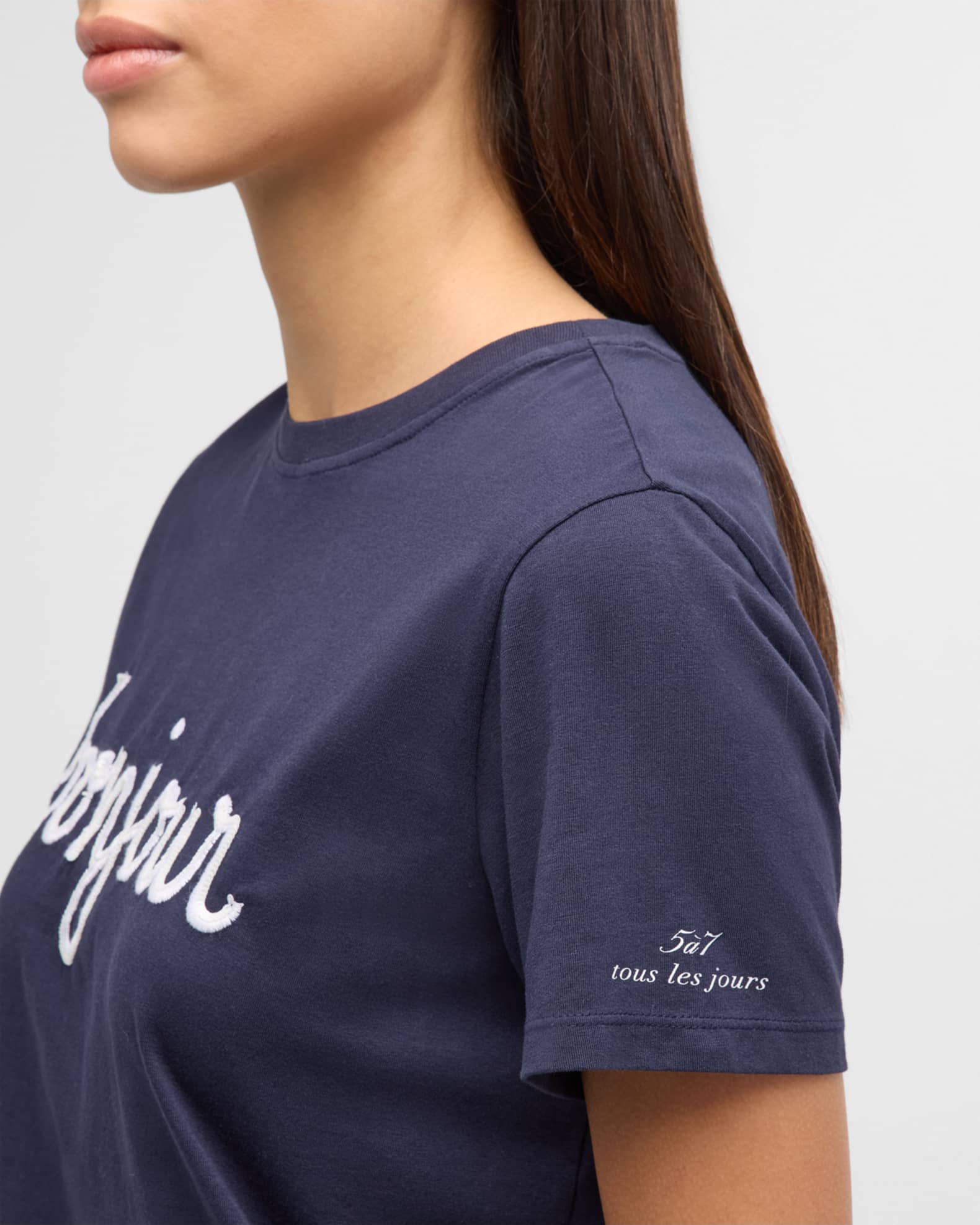 Cinq a Sept Sequined Bonjour Short-Sleeve Cotton Tee | Neiman Marcus