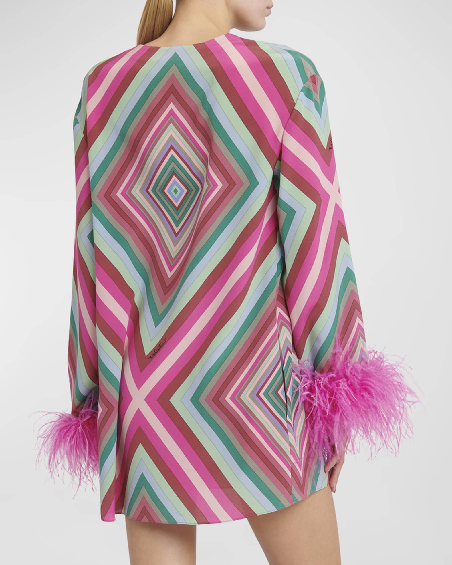 Valentino Garavani Rhombus-Print Feather-Trim Crepe De Chine Mini Shift ...