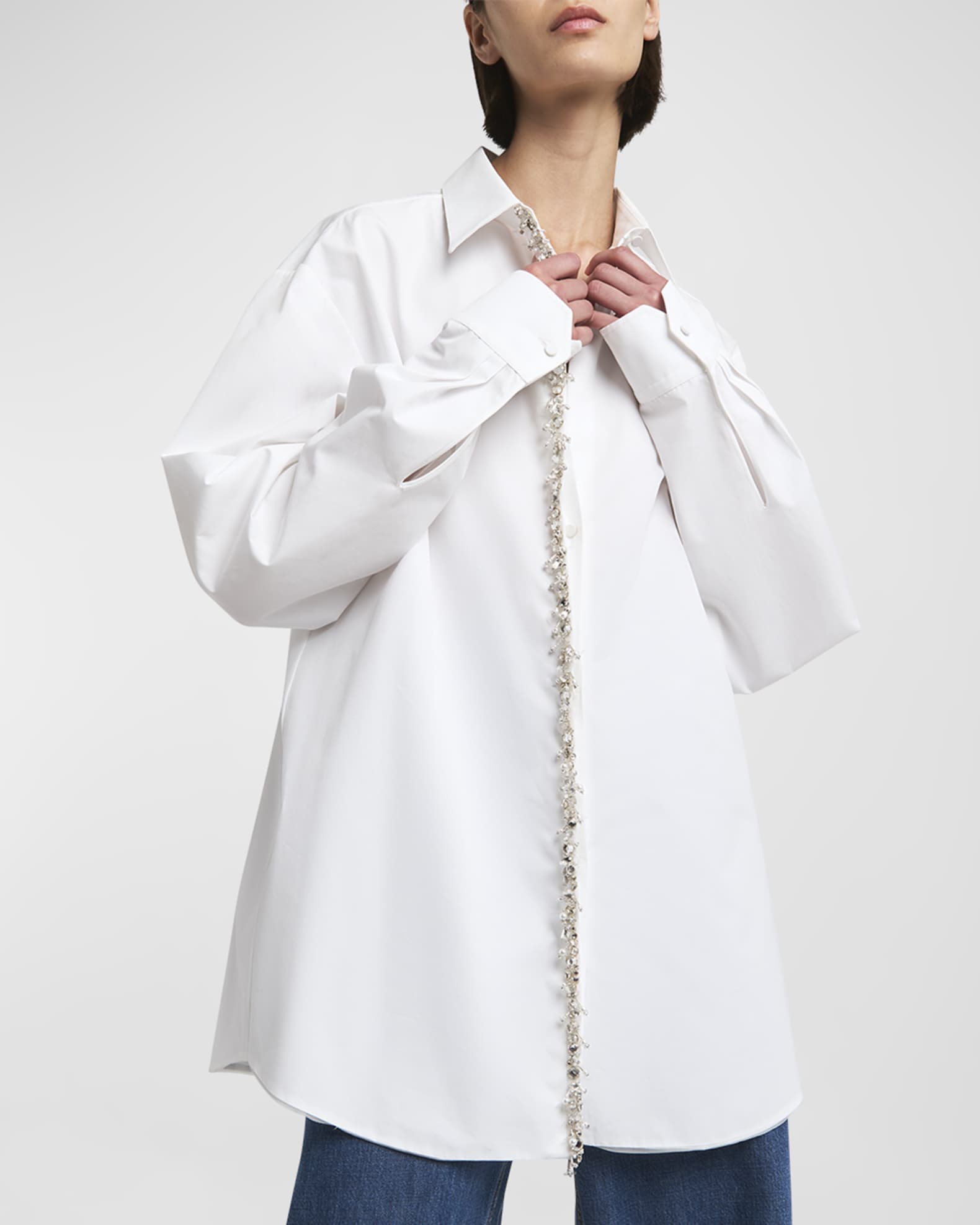 Valentino Garavani Poplin Button-Front Shirt with Crystal Trim Placket ...