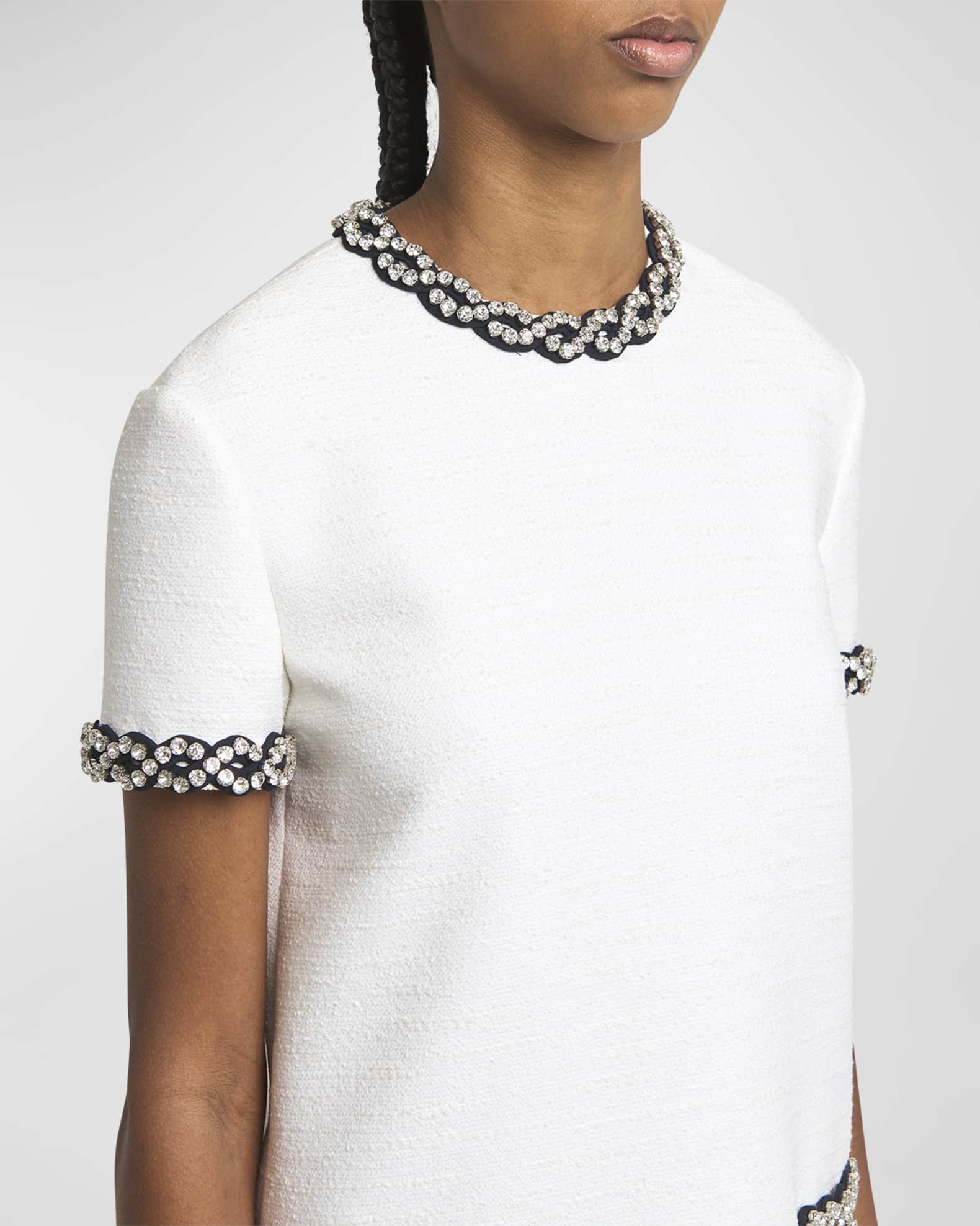 Valentino Garavani Crystal Twisted-Trim Short-Sleeve Crisp Tweed Mini ...